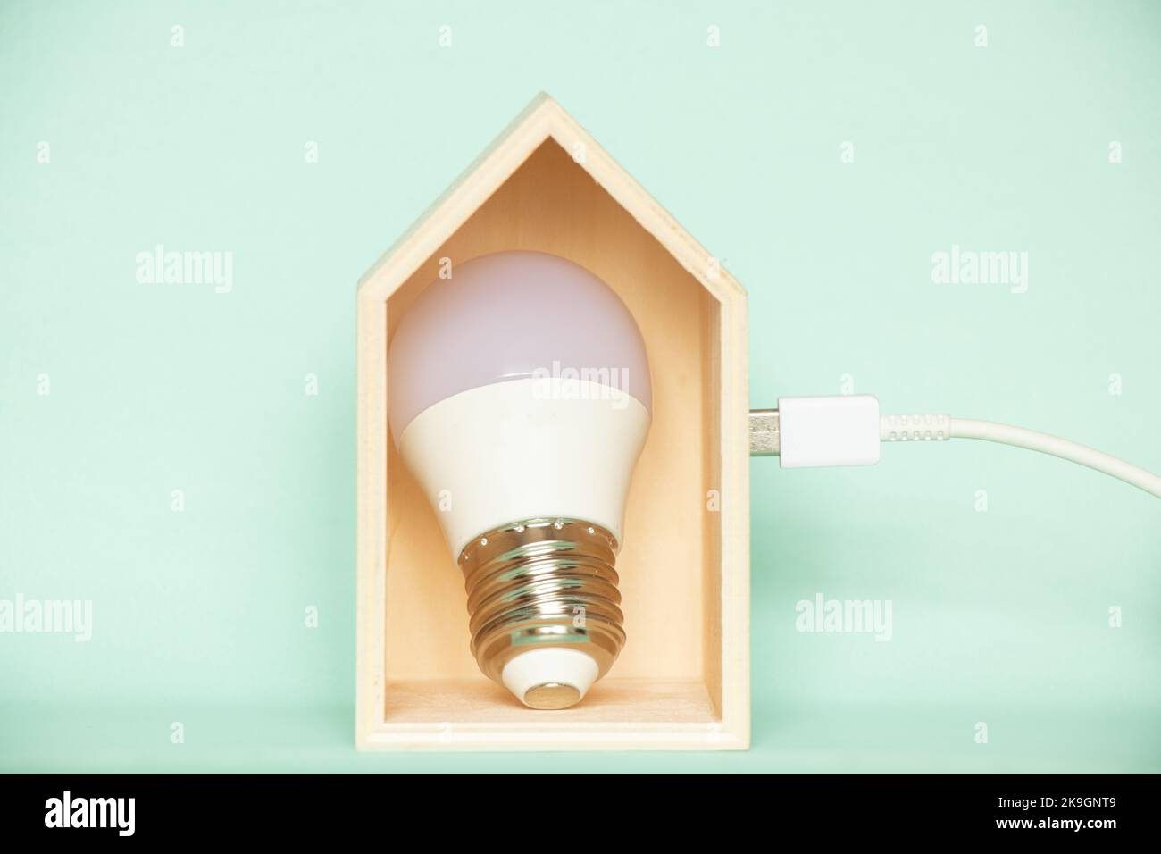 An LED light bulb lies in a small wooden house, and the charging cable ...