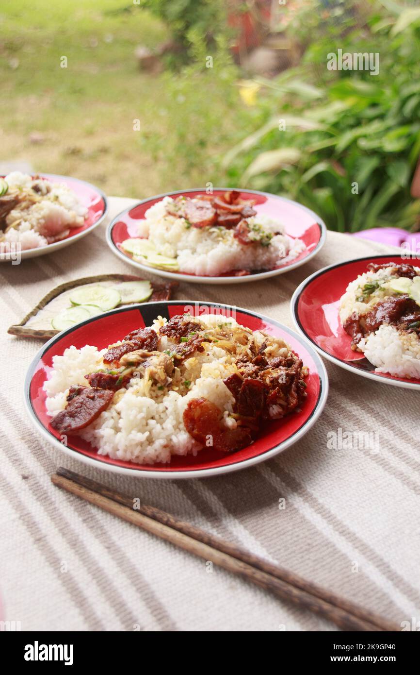 Chinese sausage or lap cheong and rice for breakfast on an outdoor ...