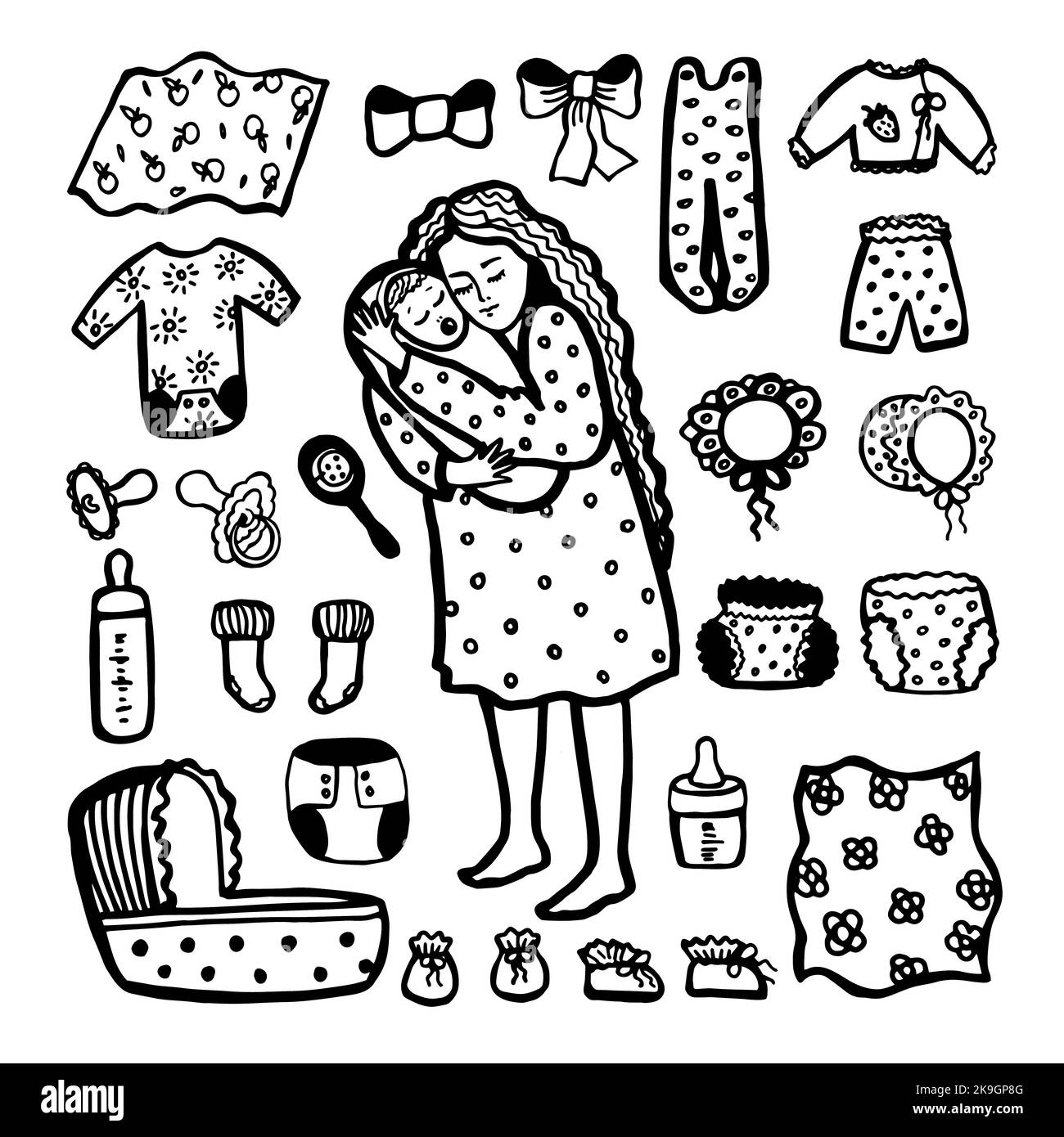 Caring mother. Black and white drawing in doodle style. A woman caring ...