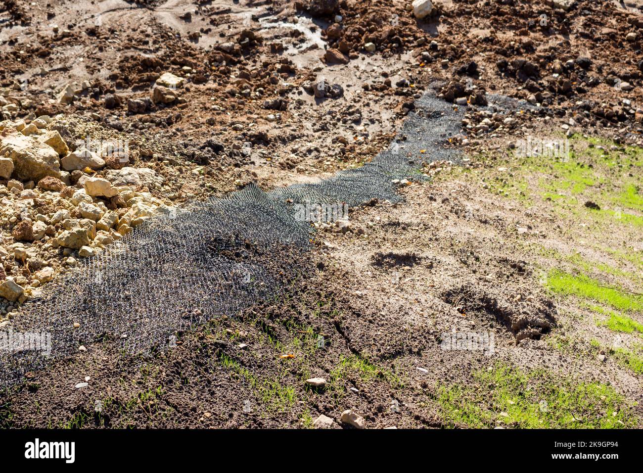 Strengthening the river bank with geogrid reinforcement Stock Photo - Alamy
