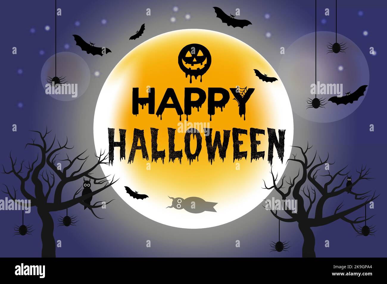 An editable illustration of bats, owls and trees and a text saying ...