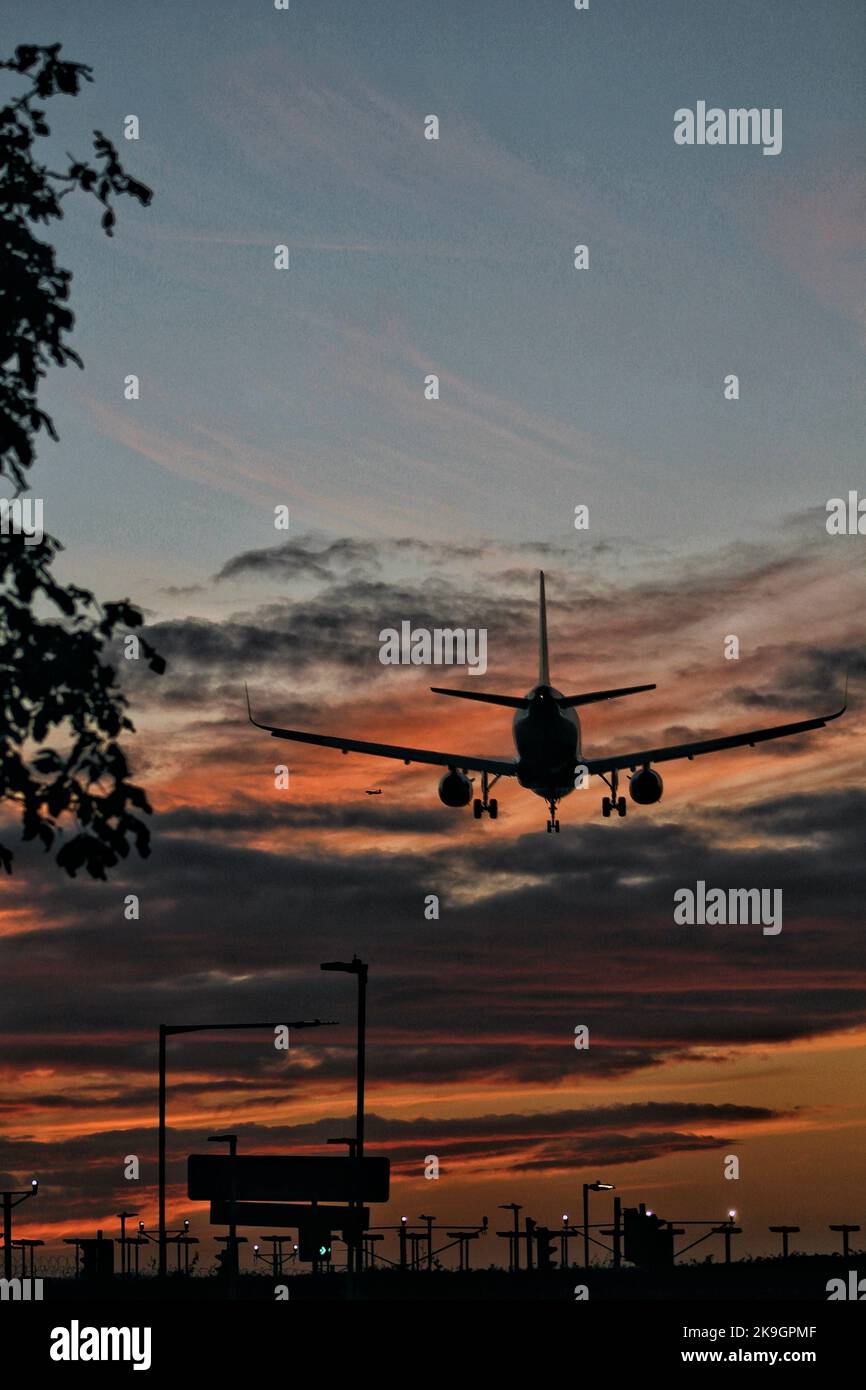 A vertical shot of a plane flying over the city during the golden hour ...