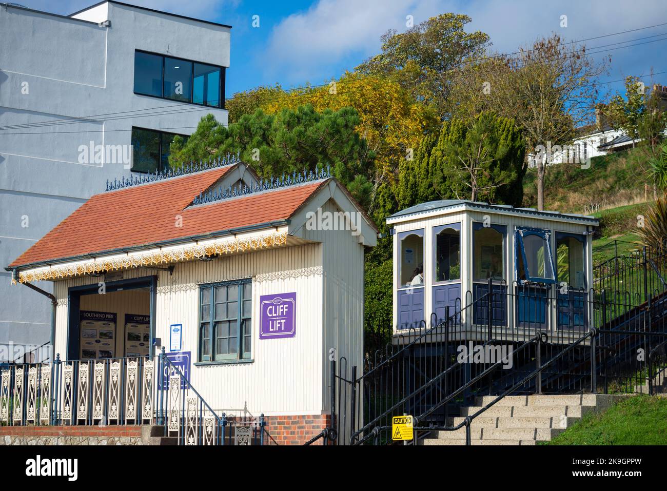 Cliff Lift at Southend on Sea, Essex, seafront on a sunny day. Historic ...