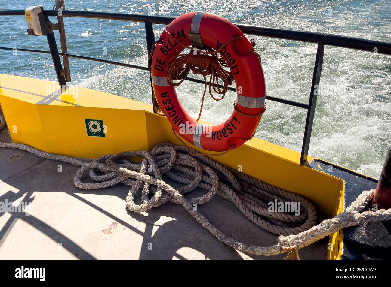 Orange rescue ring on a ferry boat Stock Photo - Alamy