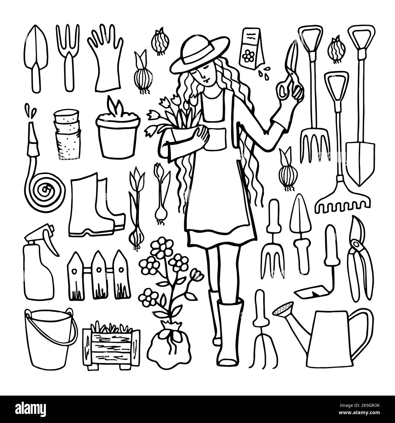 Woman gardener and gardening tools. Black and white drawing in doodle ...