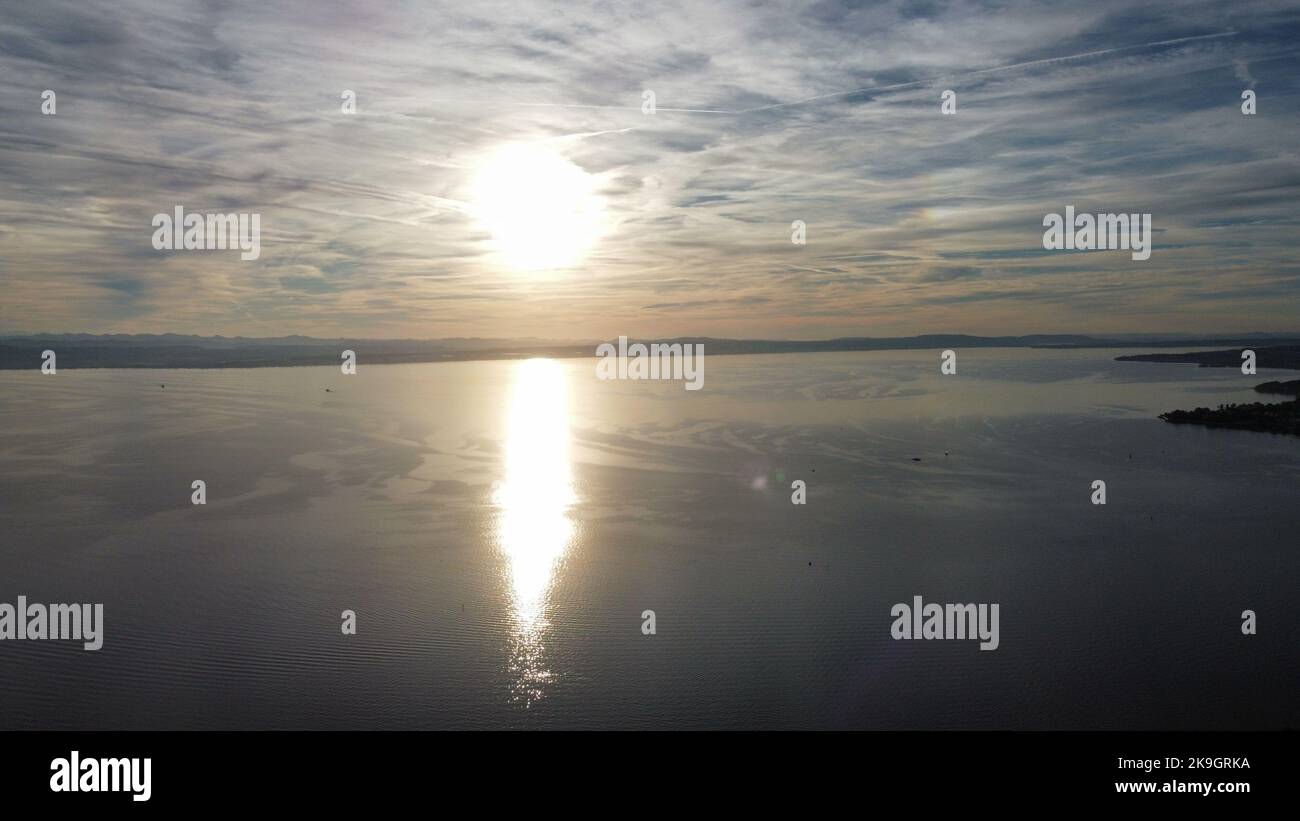 An aerial view of the Friedrichshafen Bodensee lake at sunset Stock ...