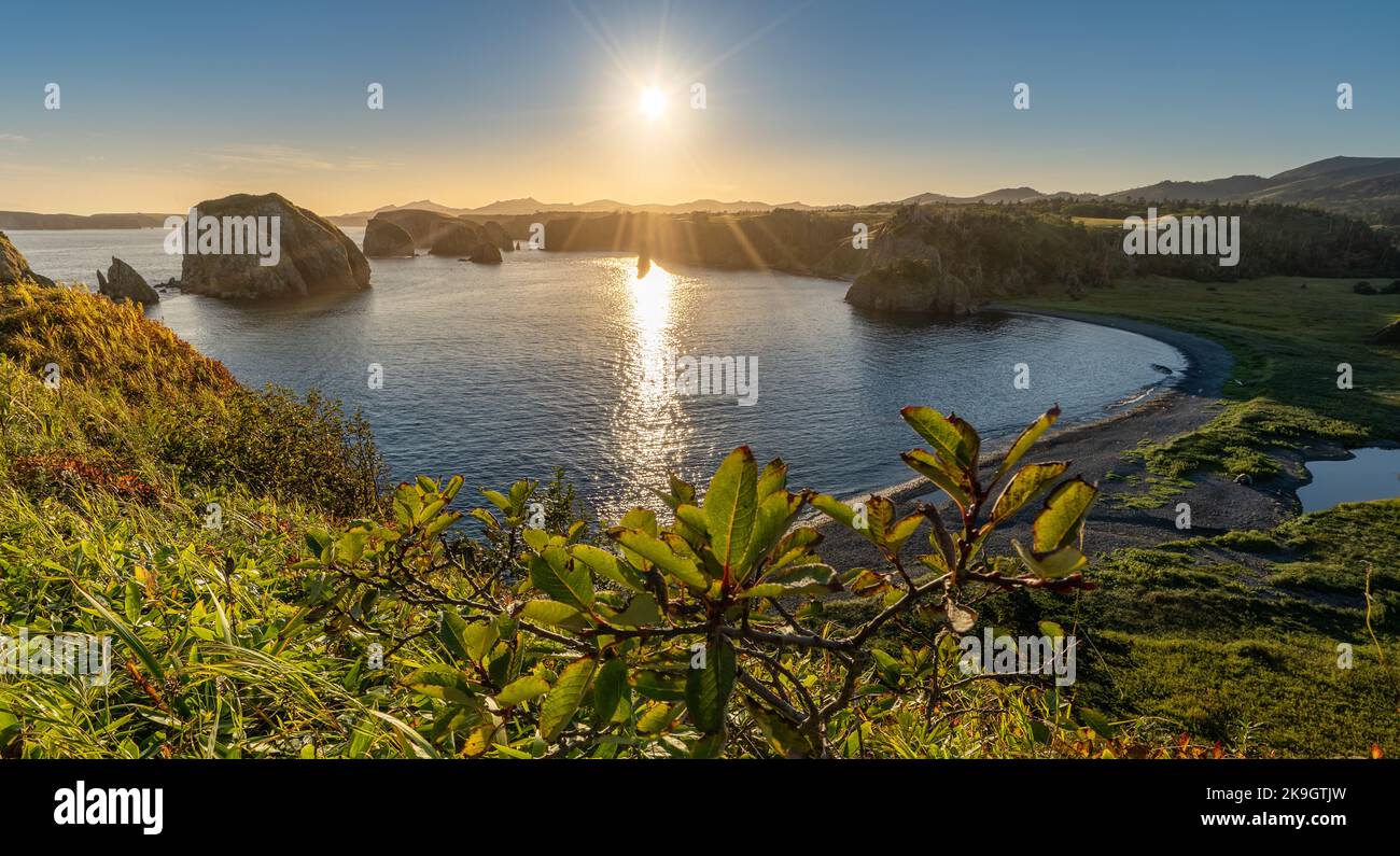 The unnamed bay on the island of Shikotan, Kuril Islands. Bright ...