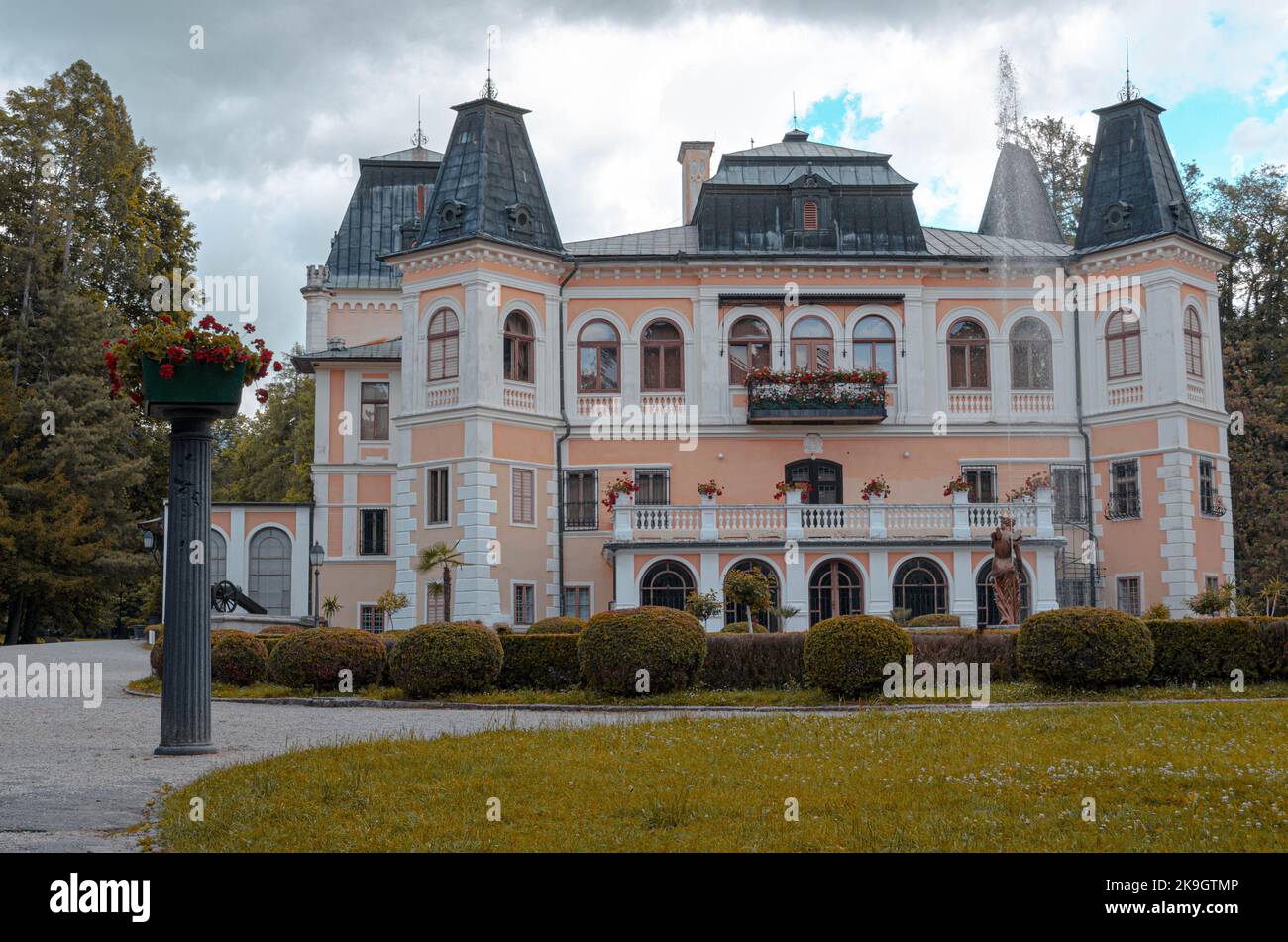 The beautiful Manor House of Betliar in Slovakia against a blue cloudy ...