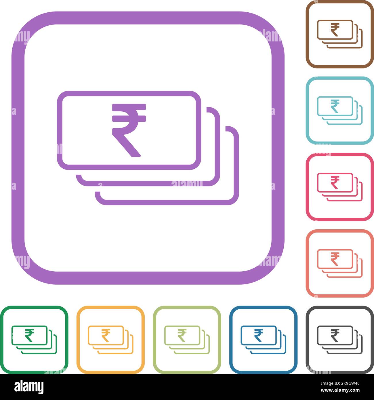 Indian Rupee banknotes outline simple icons in color rounded square ...