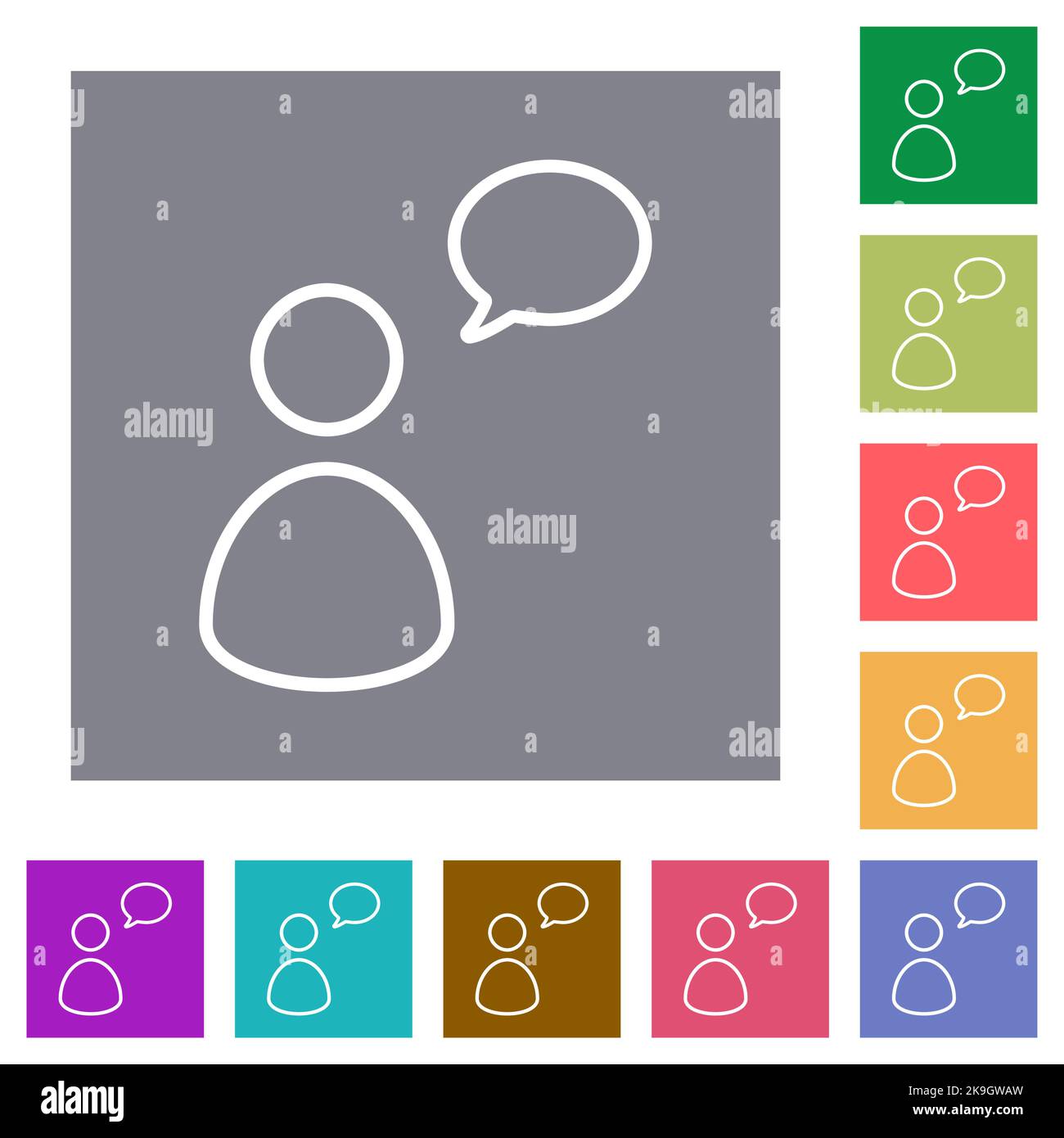 One talking person with oval bubble outline flat icons on simple color ...