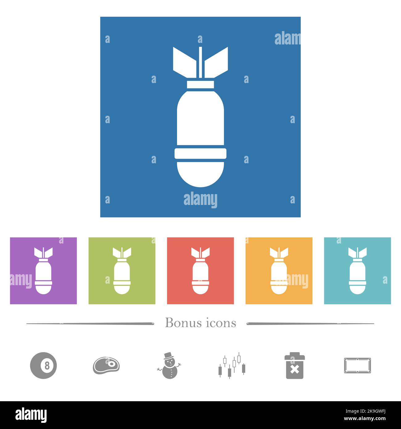 Single air bomb flat white icons in square backgrounds. 6 bonus icons ...