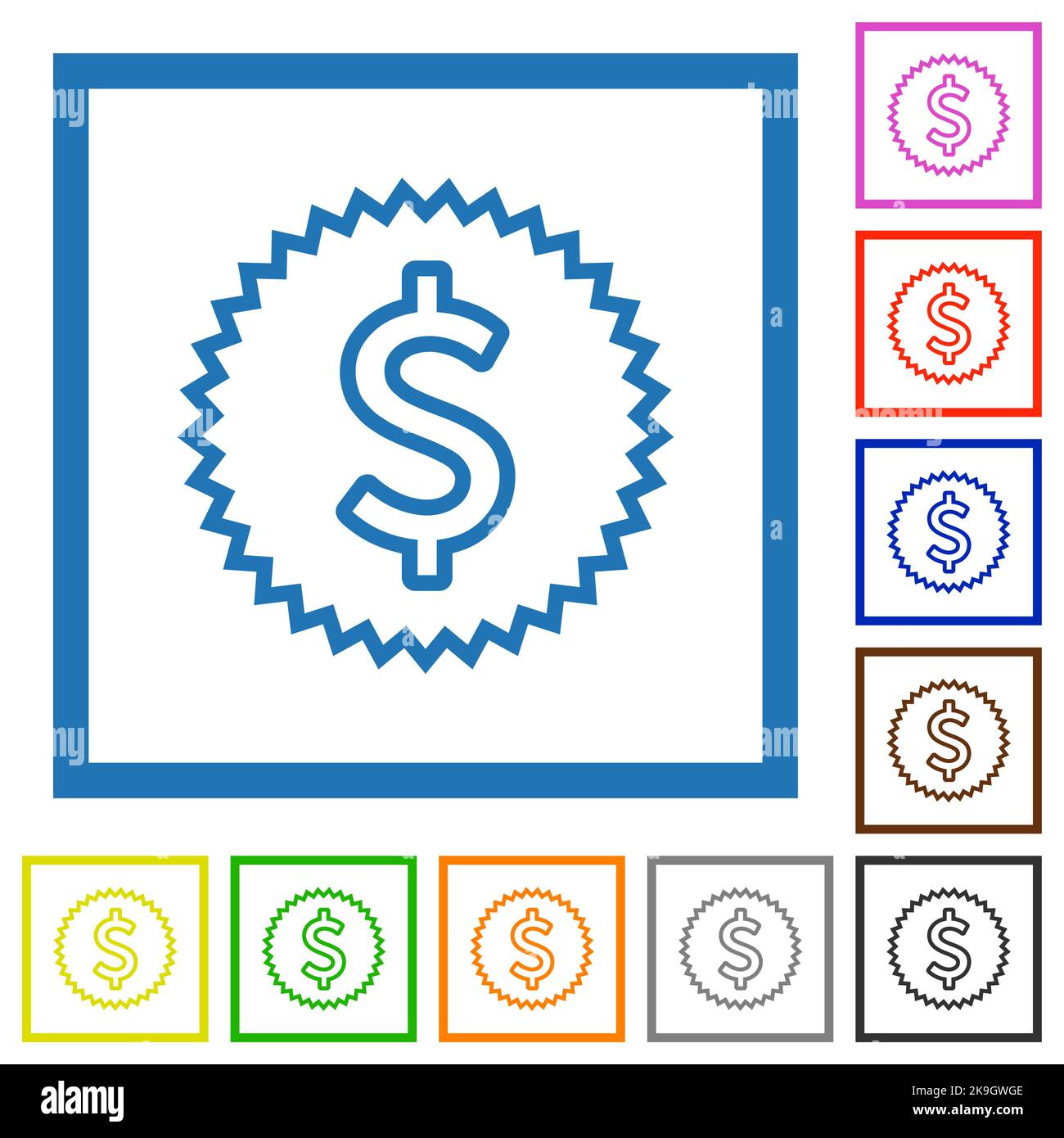 American dollar sticker outline flat color icons in square frames on ...