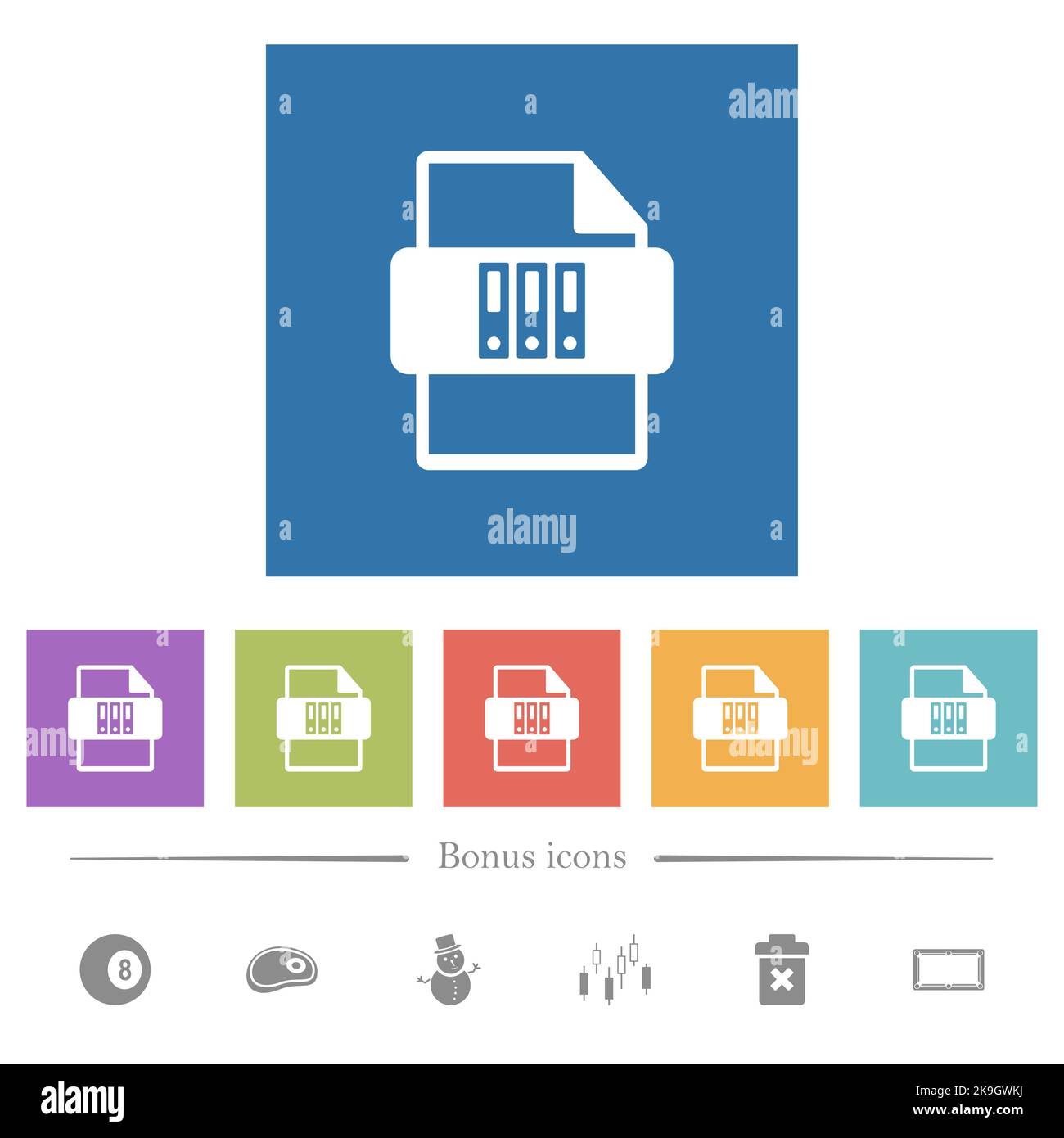 Archive file type flat white icons in square backgrounds. 6 bonus icons ...
