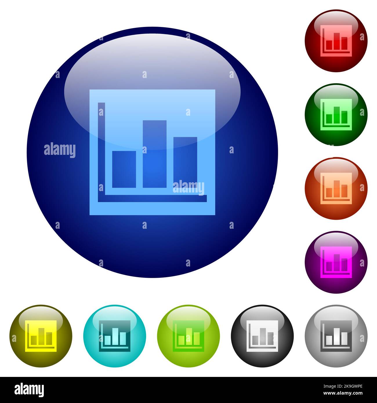 Bar graph statistics solid icons on round glass buttons in multiple ...