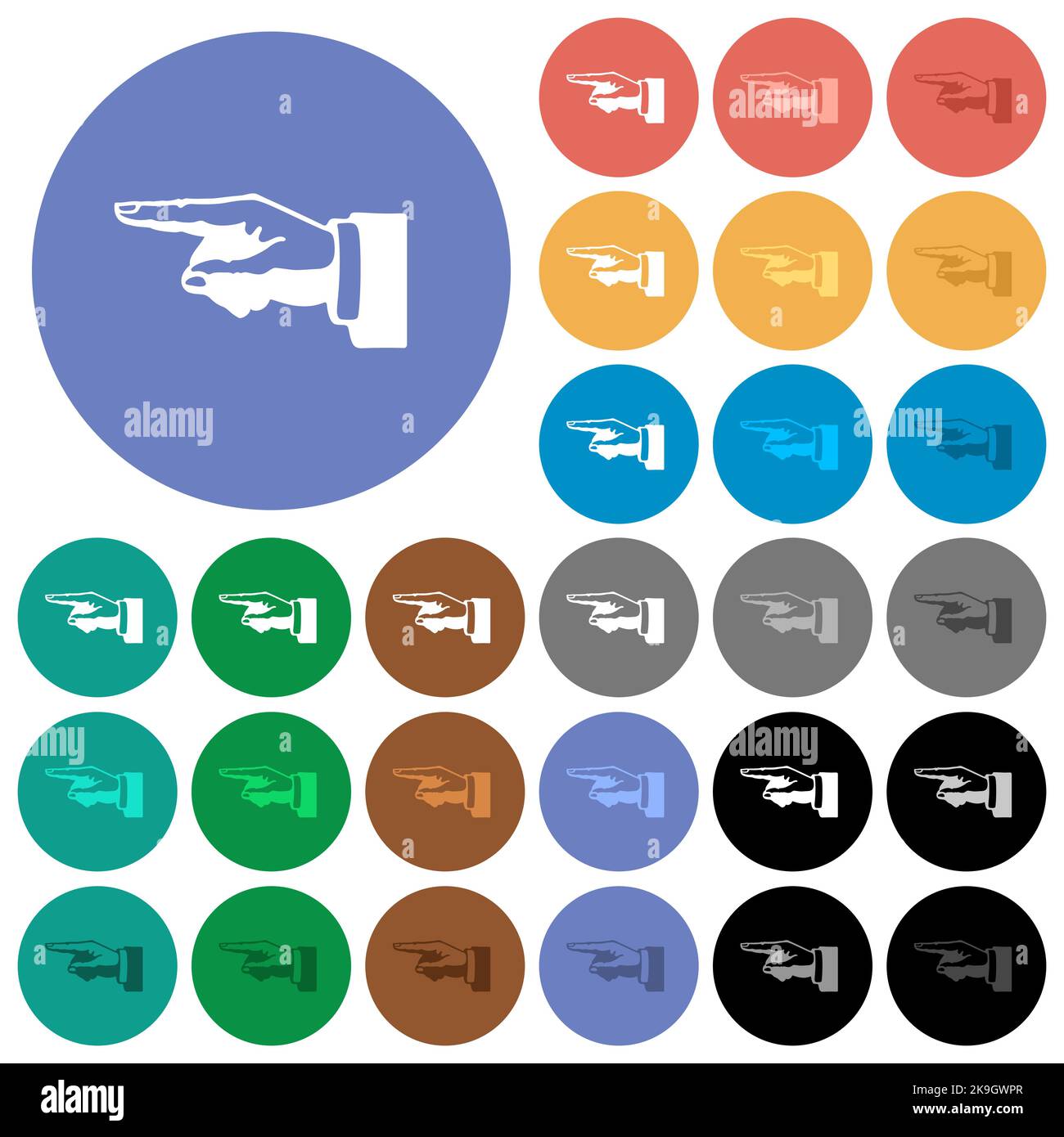 Left pointing hand alternate drawing multi colored flat icons on round backgrounds. Included ...