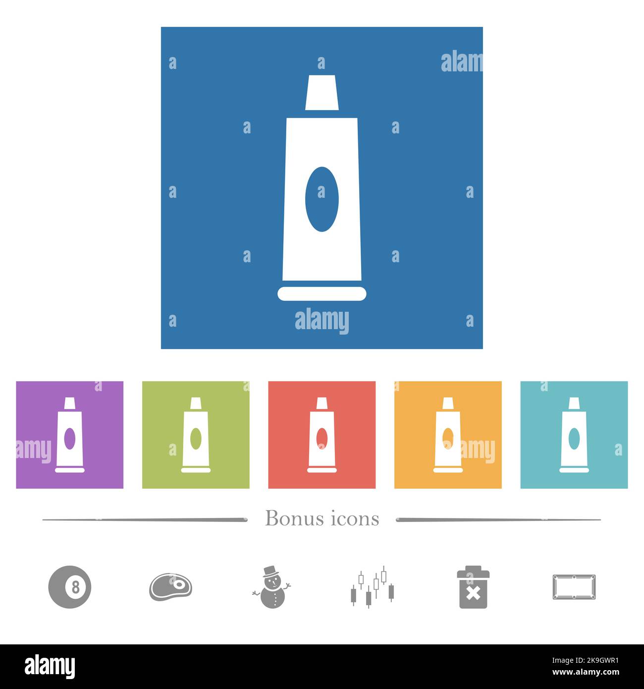 Toothpaste tube flat white icons in square backgrounds. 6 bonus icons ...