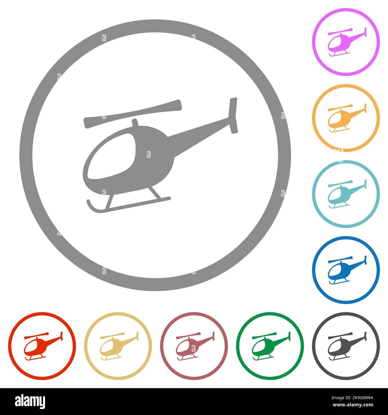 Helicopter side view silhouette flat color icons in round outlines on ...