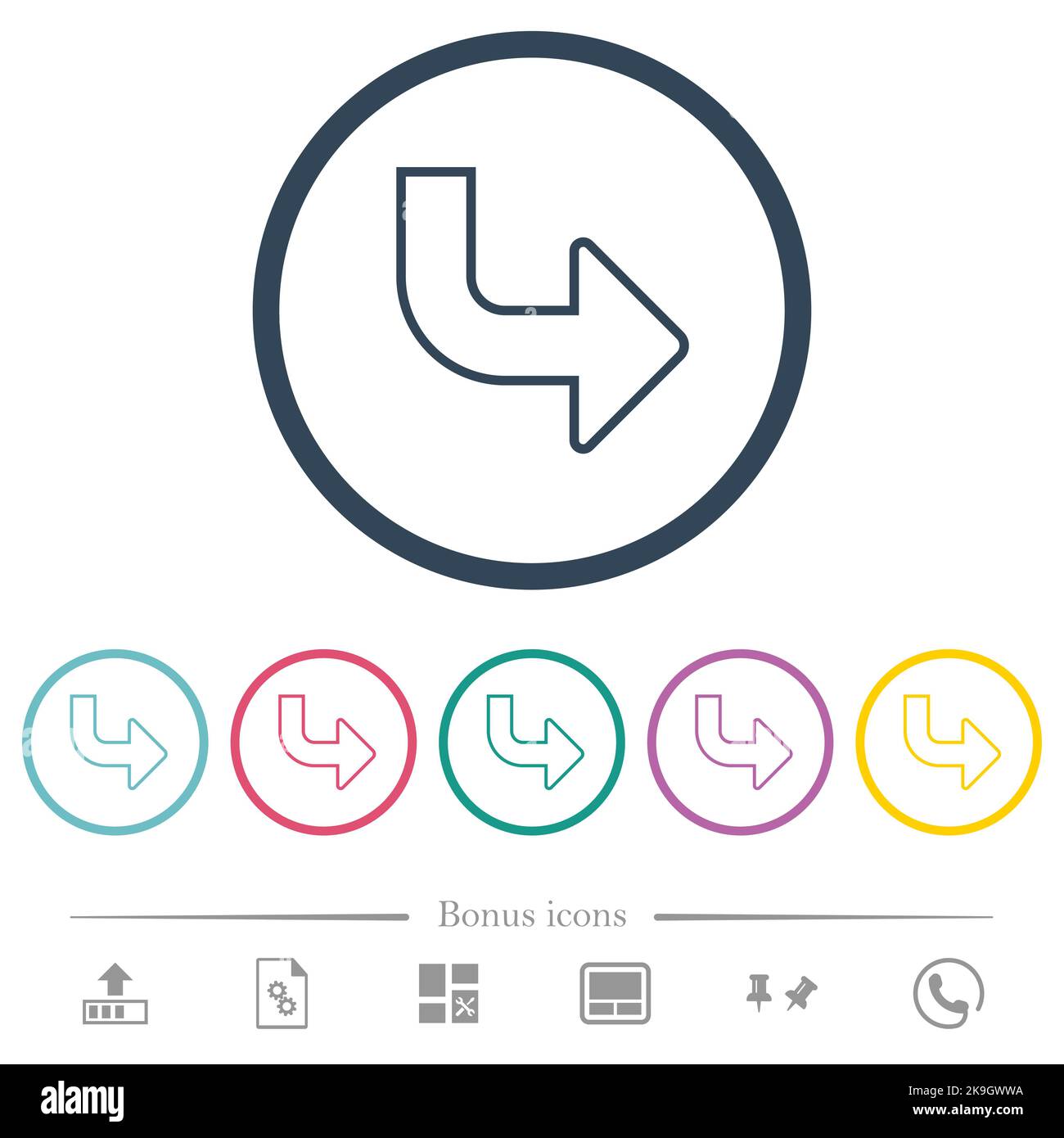 Bottom right side turn arrow outline flat color icons in round outlines. 6 bonus icons included ...