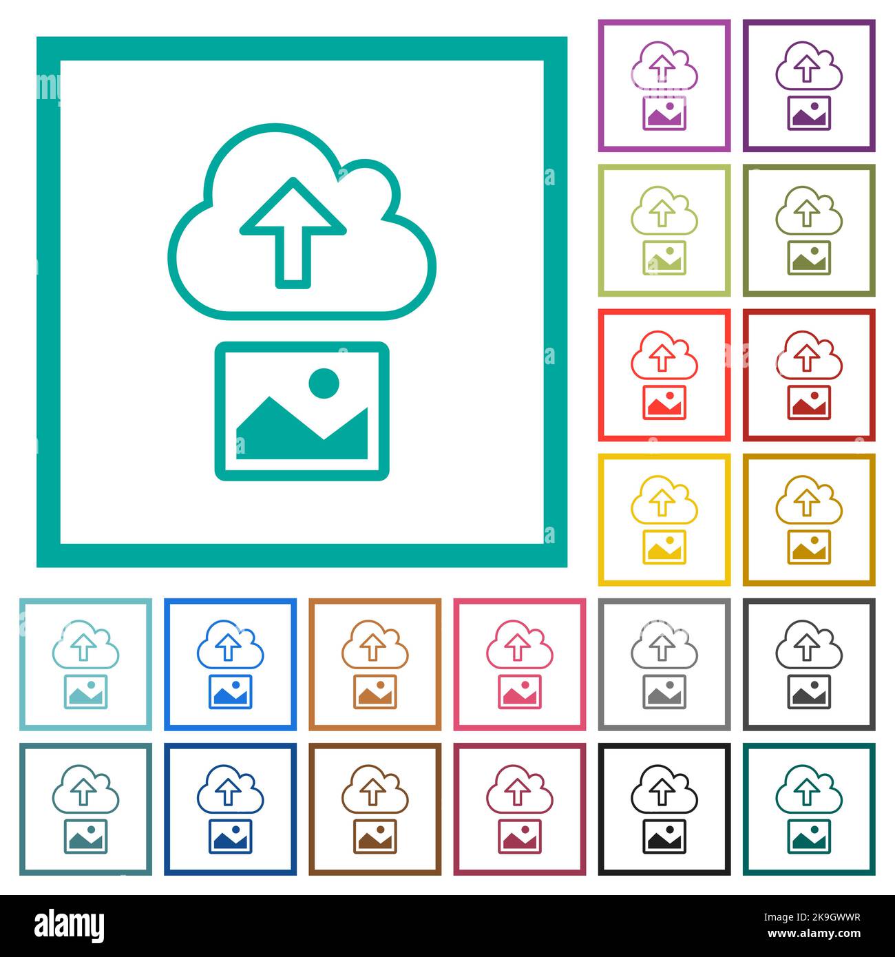 Upload image to cloud outline flat color icons with quadrant frames on ...