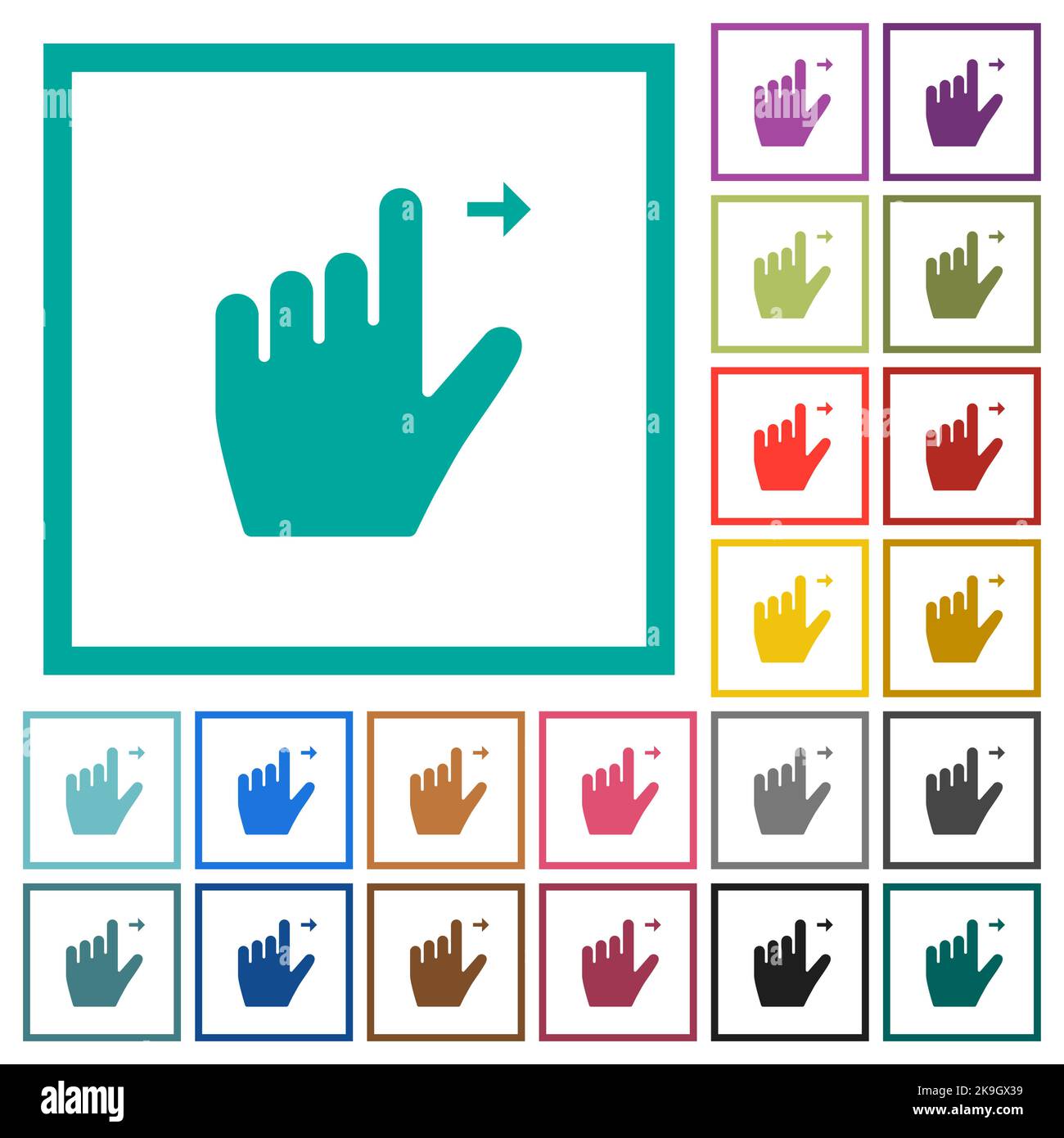 Left handed move right gesture flat color icons with quadrant frames on ...
