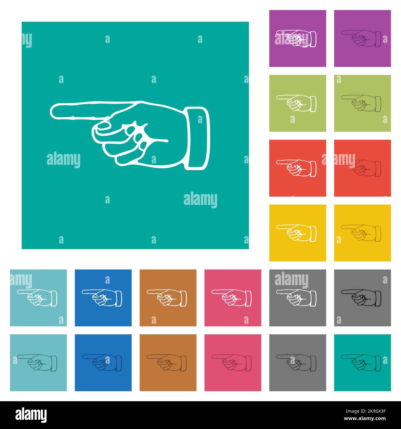 Left pointing hand outline drawing multi colored flat icons on plain ...