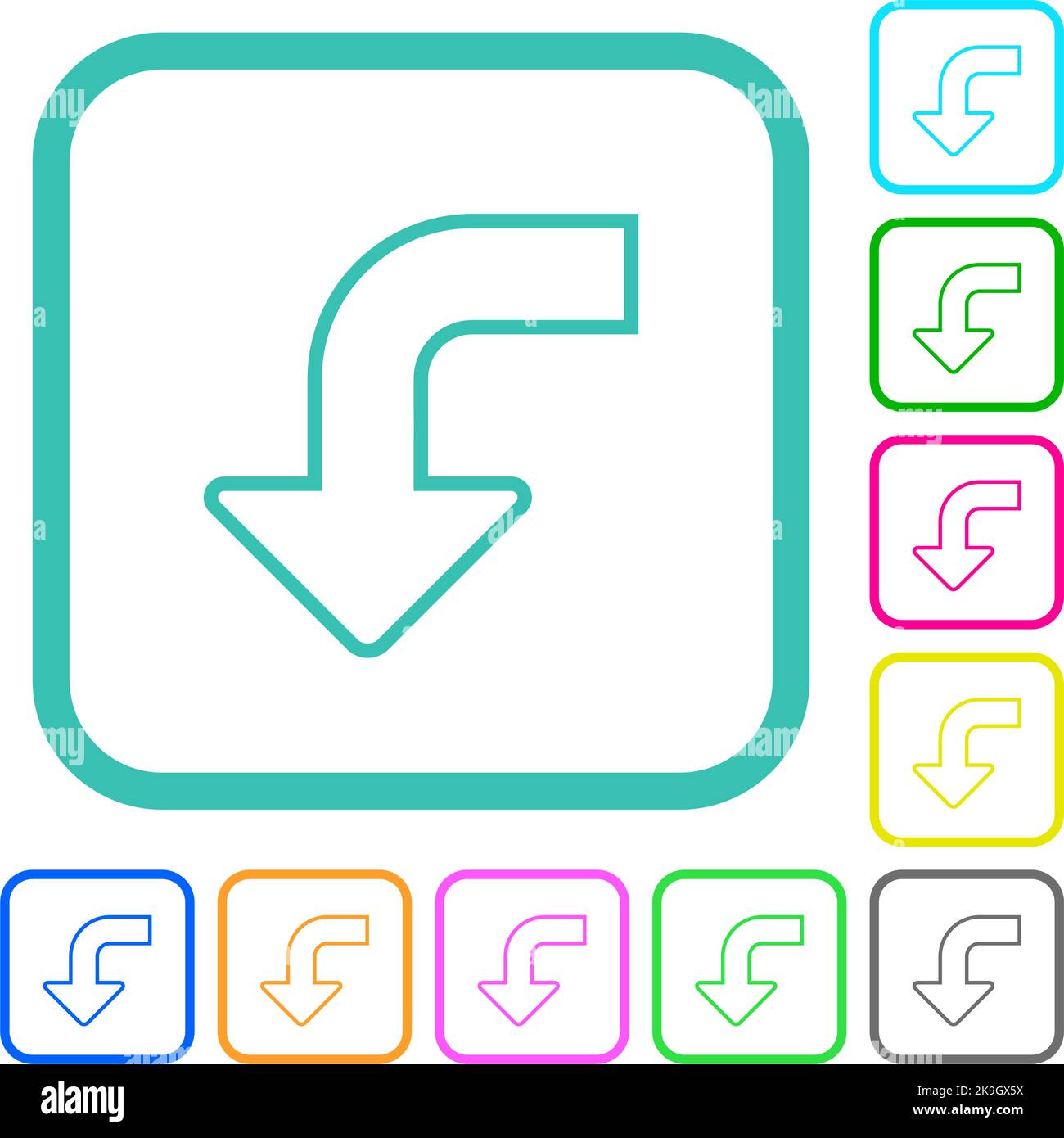 Left bottom side turn arrow solid vivid colored flat icons in curved ...
