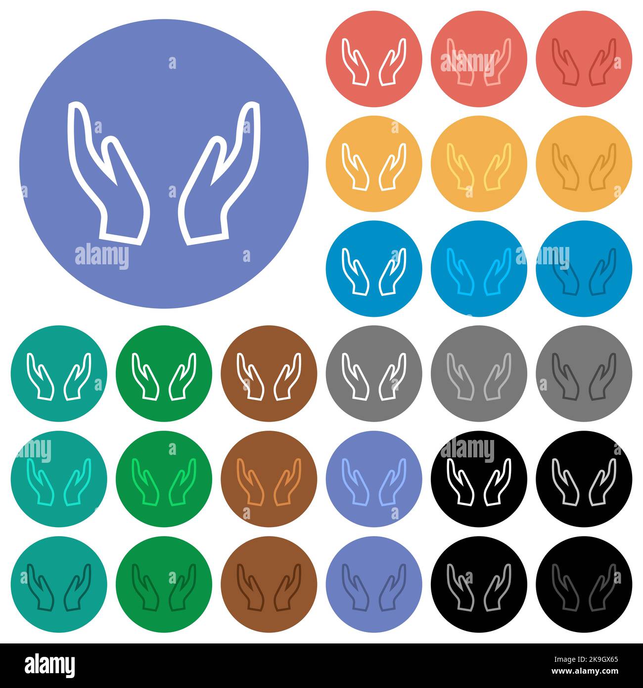 Empty protecting hands outline multi colored flat icons on round ...