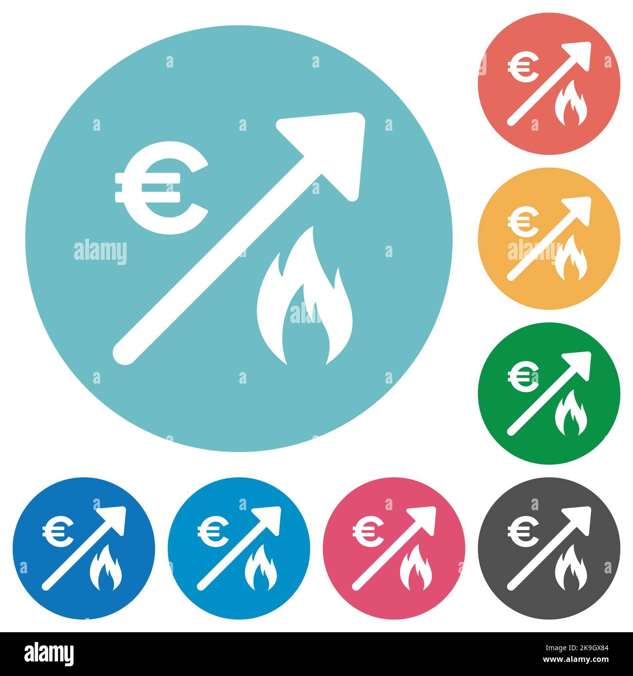 Rising gas energy european Euro prices flat white icons on round color ...