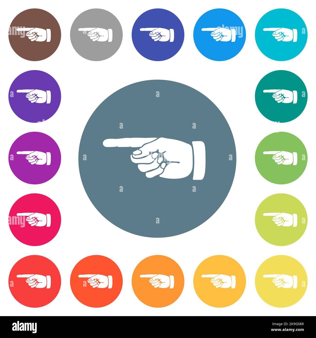 Left pointing hand solid drawing flat white icons on round color ...