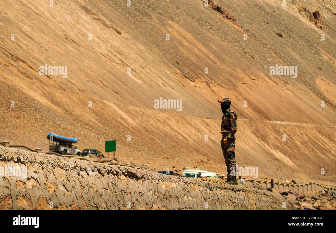 Ladakh, India - June 18,2022: Indian Army solder on duty at mountain ...