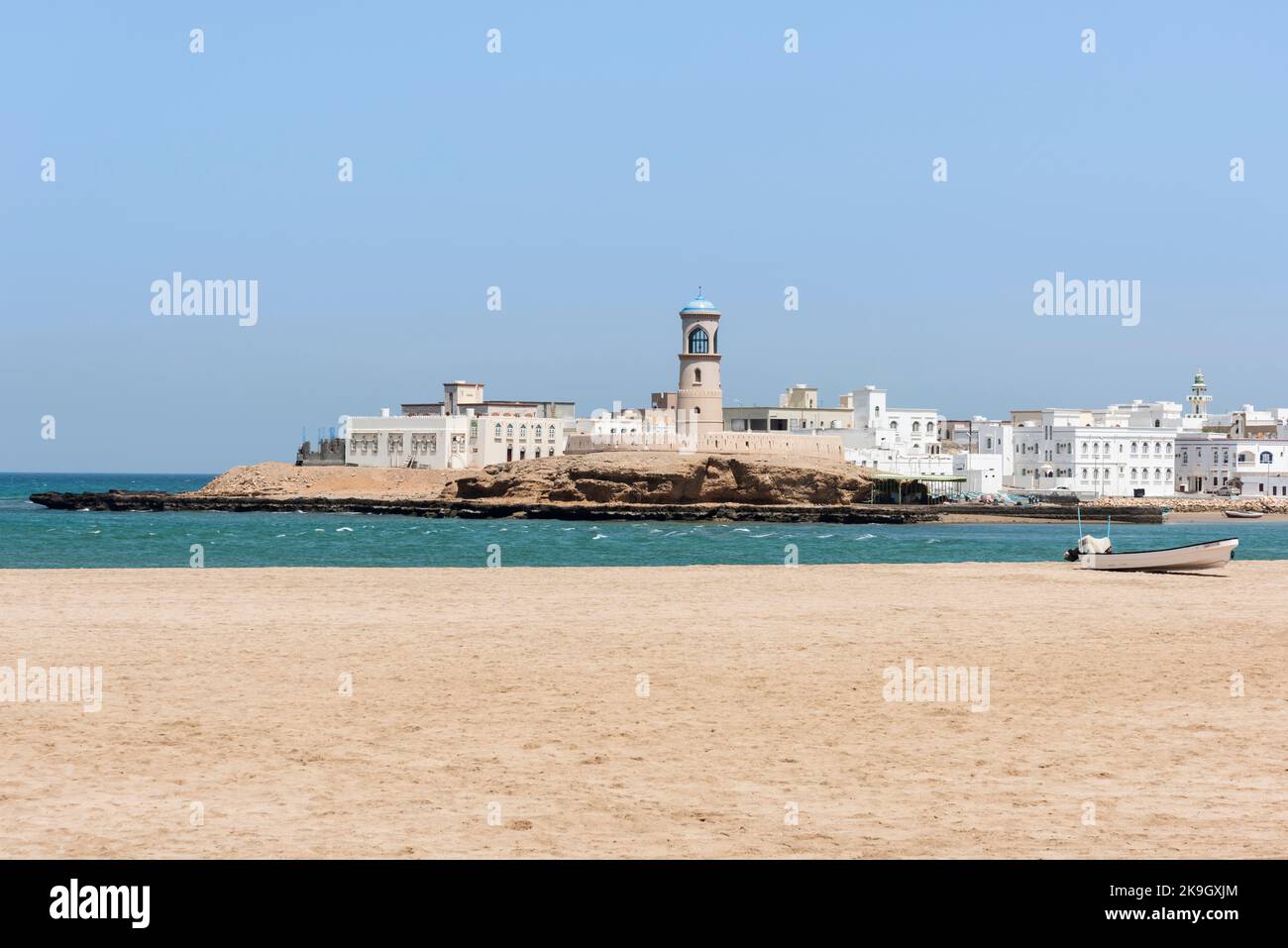 Al Ayjah lighthouse built by the Portuguese and a beach, Sur, Sultanate ...