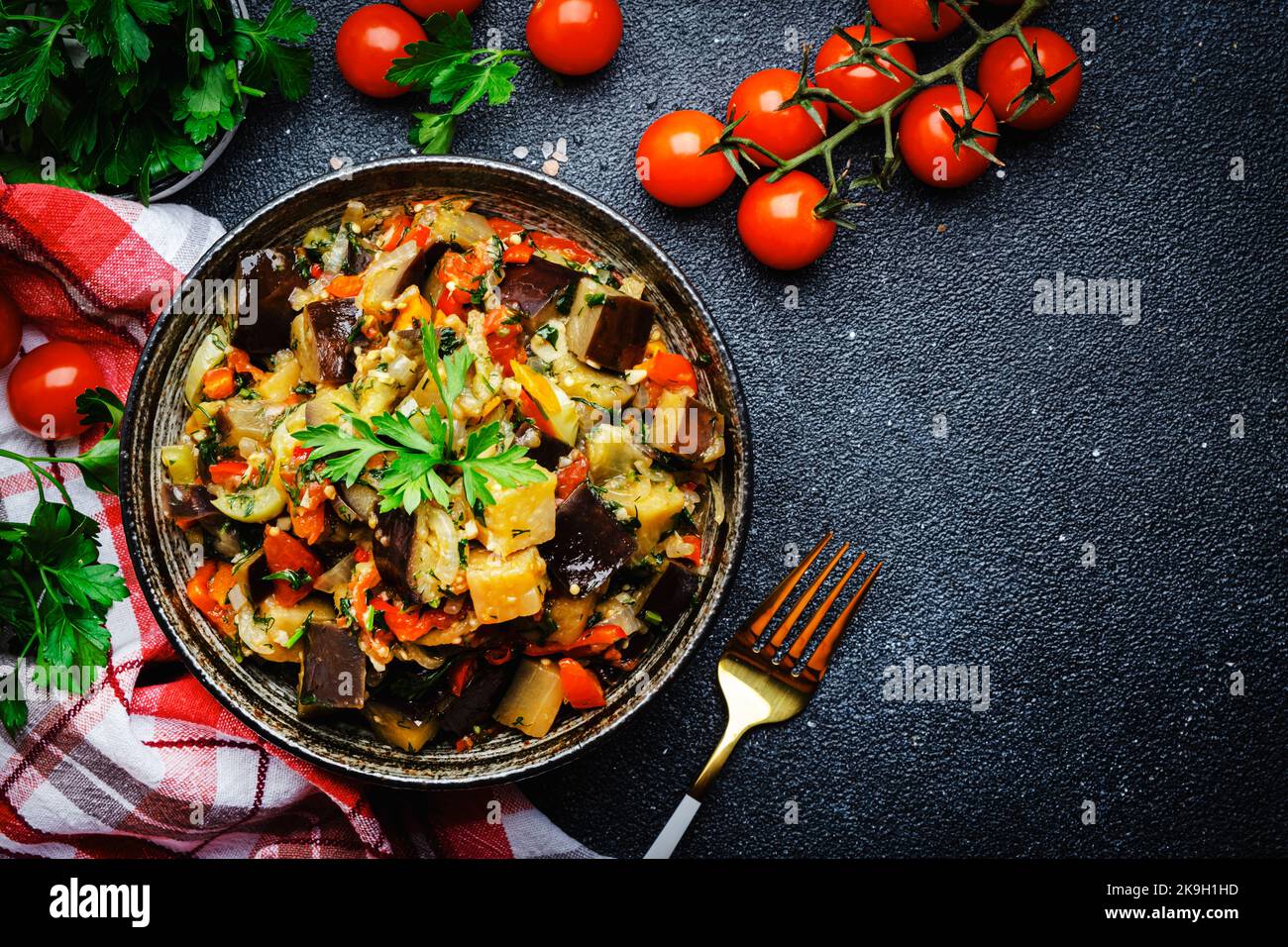 Vegetable stew, saute or caponata. Stewed eggplant with paprika ...