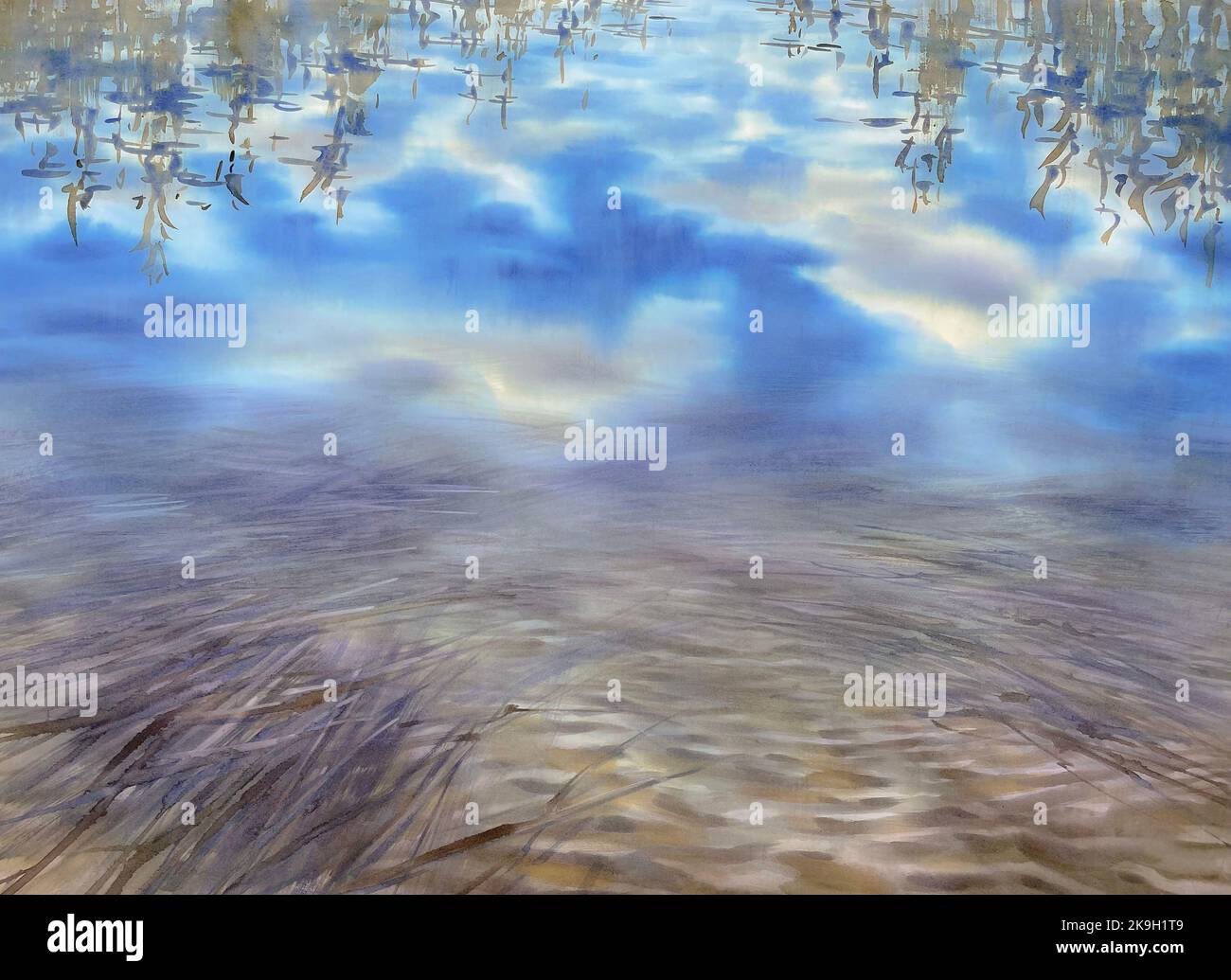 Sky reflections by the lake watercolor background Stock Photo - Alamy