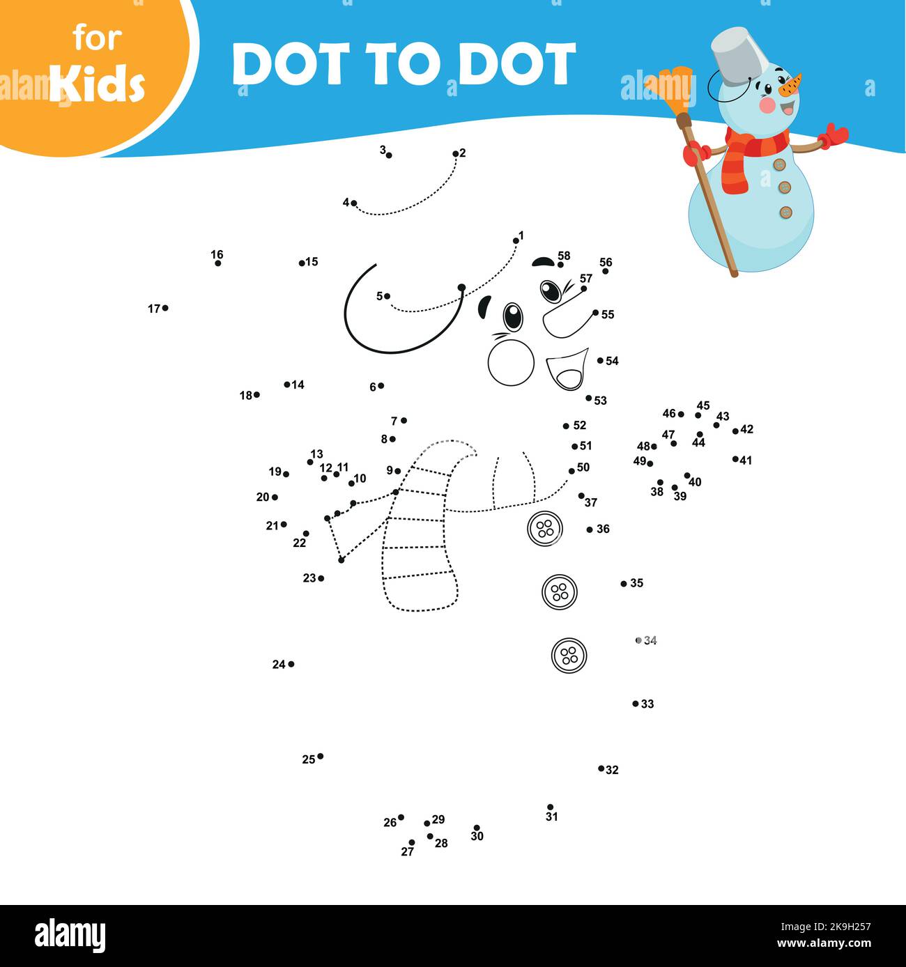 Educational children's game. Dot by dot. Cute snowman winter series ...