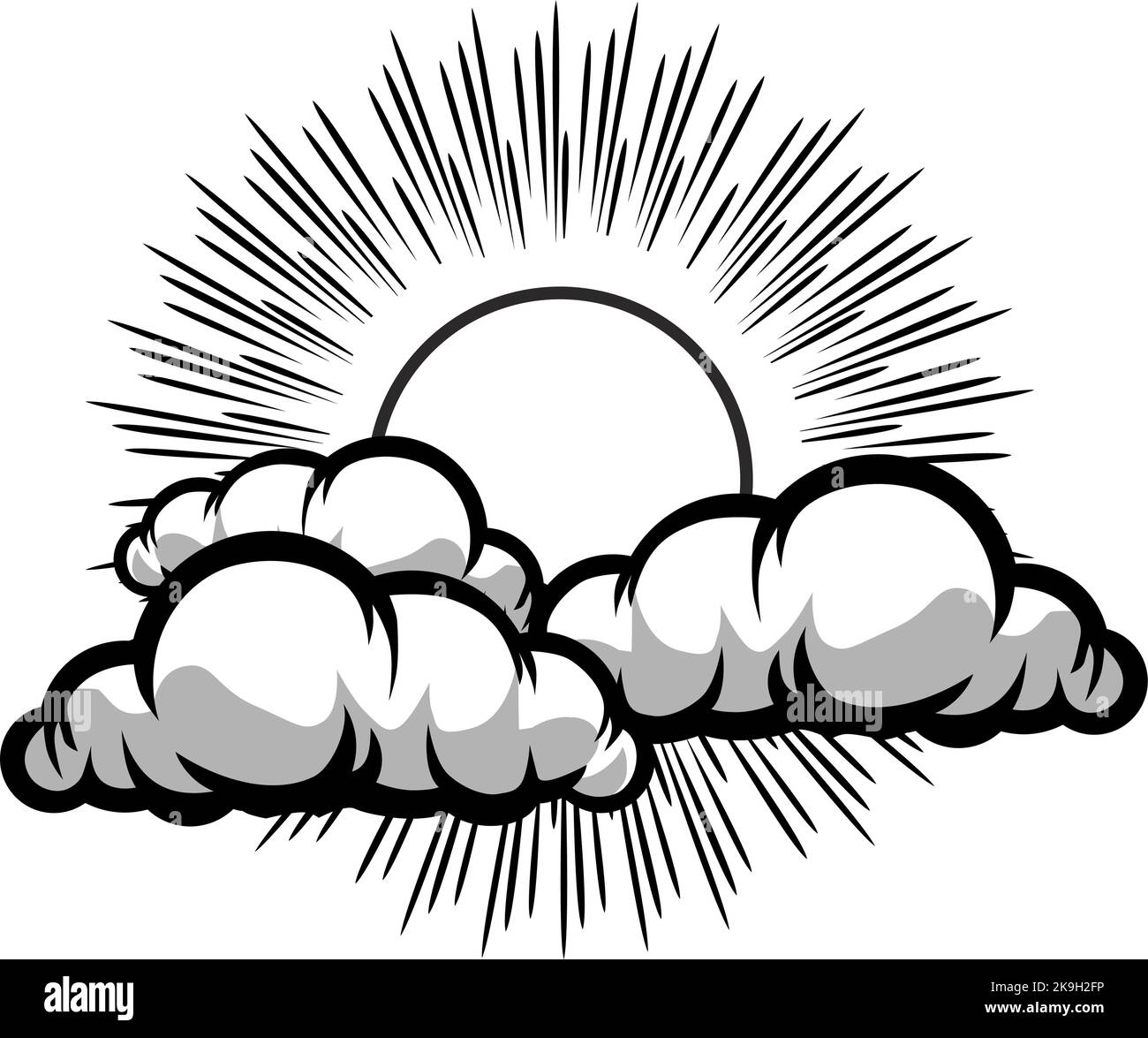 Sun with clouds in sky. Black and white comic cartoon illustration ... Sun with clouds in sky. Black and white comic cartoon illustration ...
