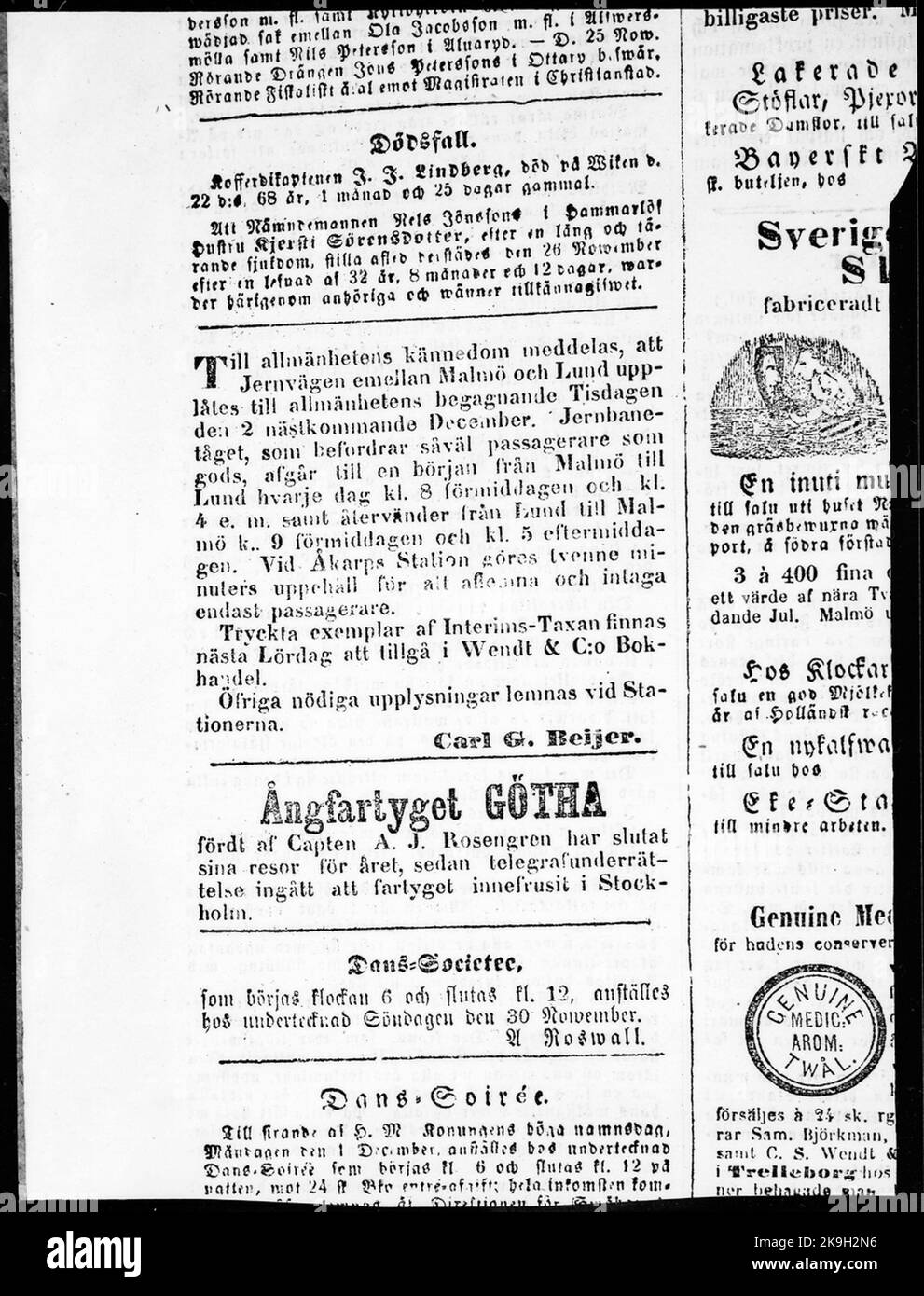 Newspaper clips from 29/12 1856 with the first timetable of the ...