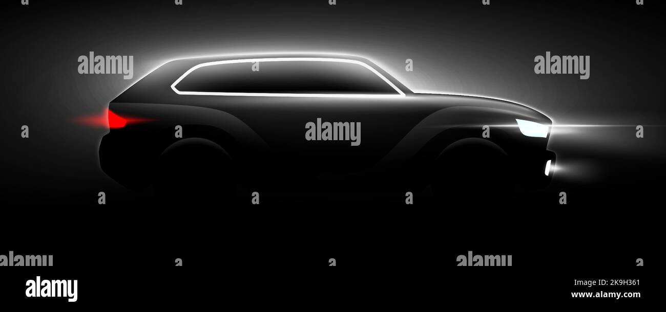 Black SUV car silhouette with head lights and tail lights on a dark ...