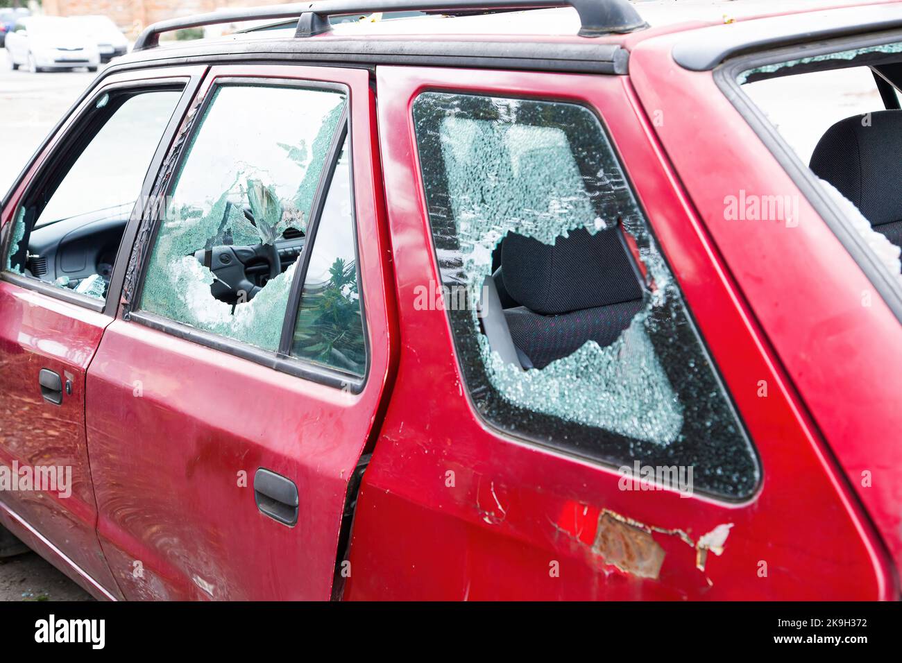 Car with broken windows. A criminal incident. Broken glass window car ...