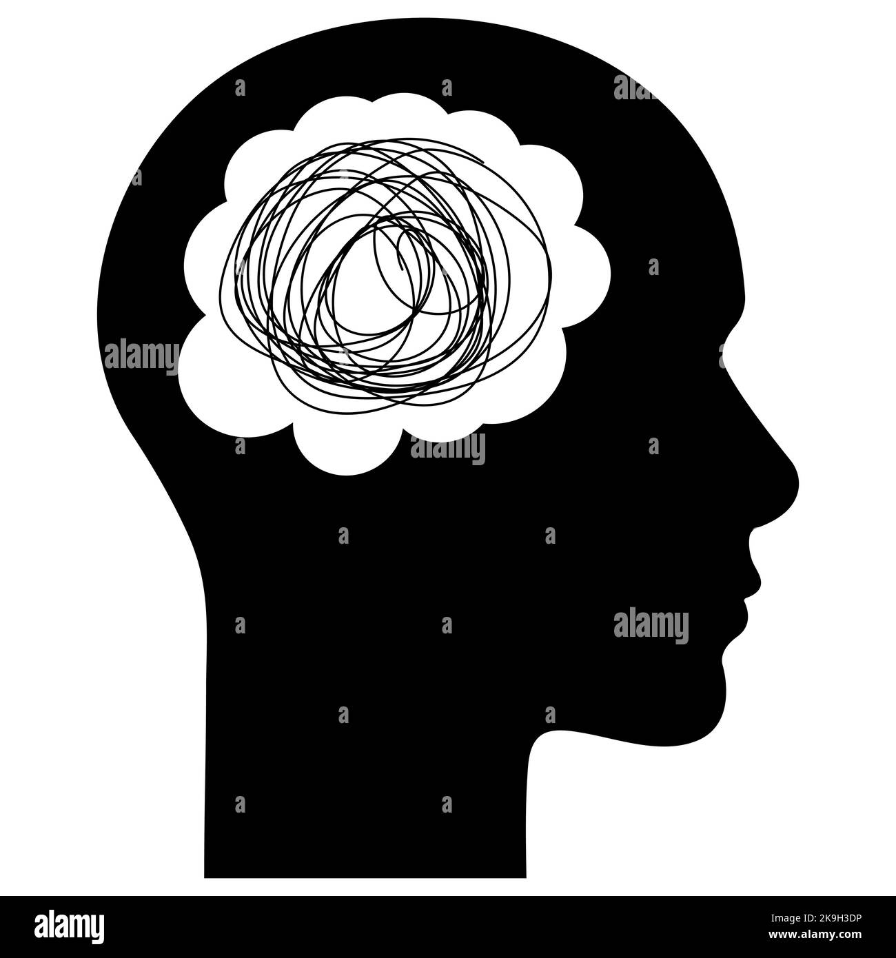 Human head silhouette with tangled line inside. Concept of mental ...