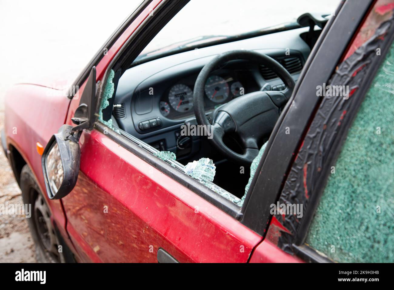 Car with broken windows. A criminal incident. Broken glass window car ...