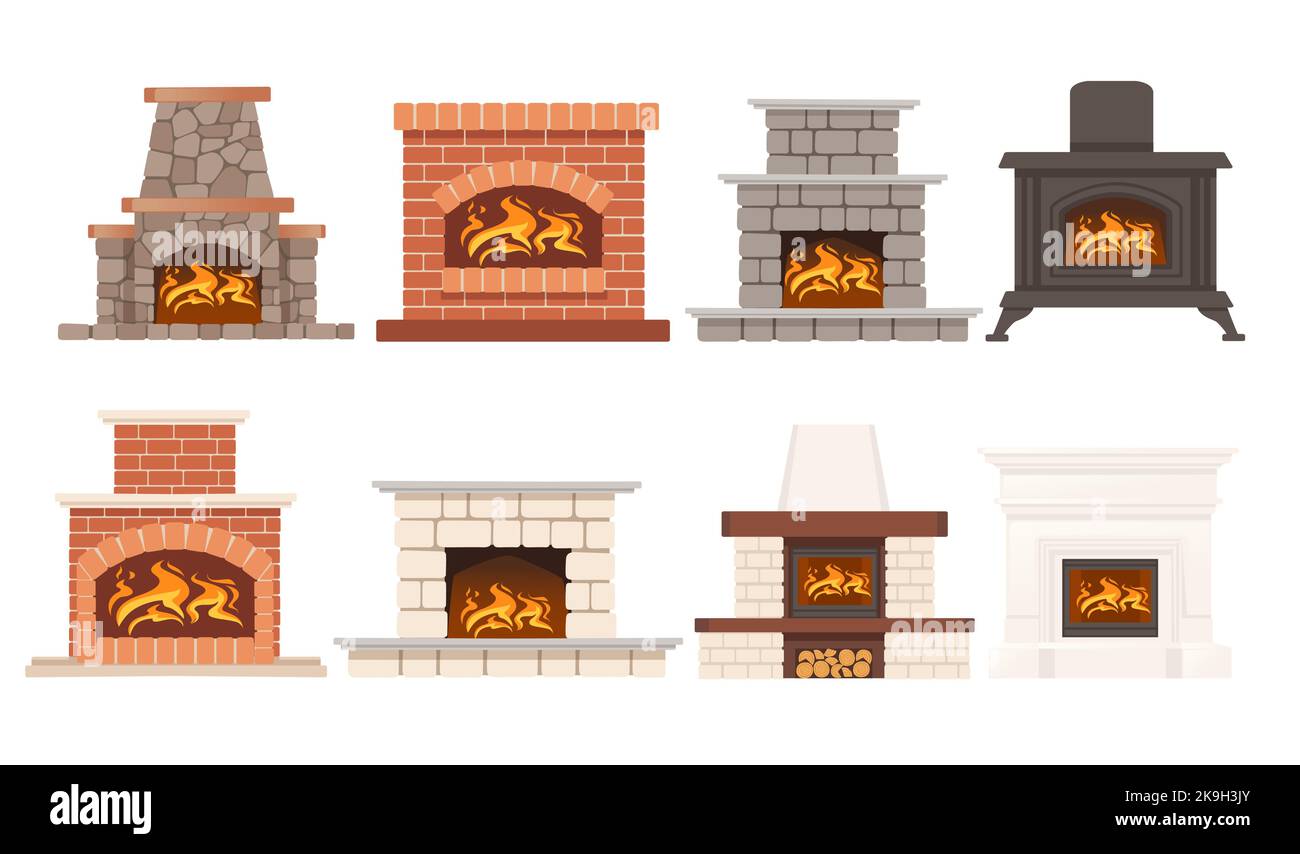 Set of modern stone fireplace with hot flame vector illustration ...
