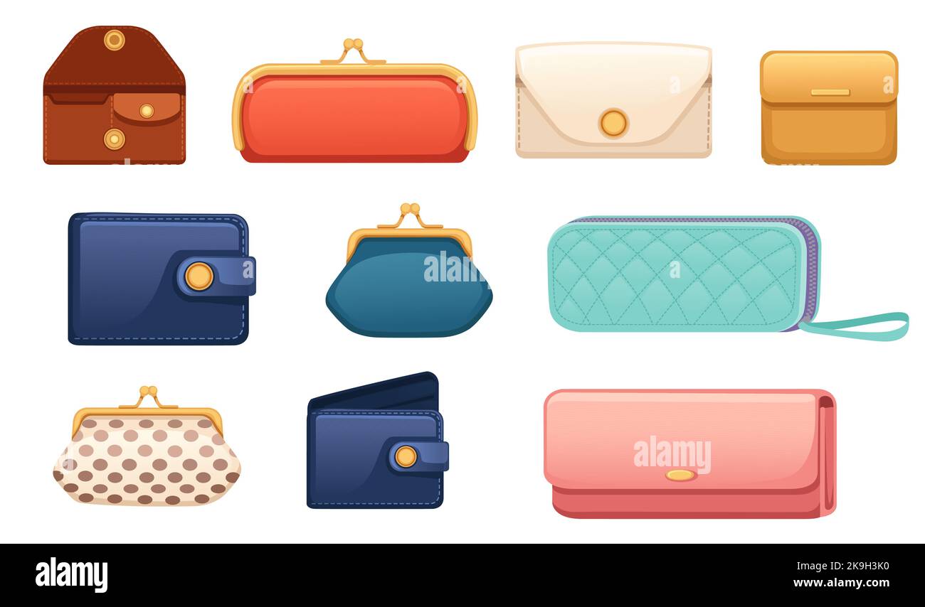 Set Of Womens Wallet Coin Purse Vintage Pouch Leather With Golden Frame Vector Illustration