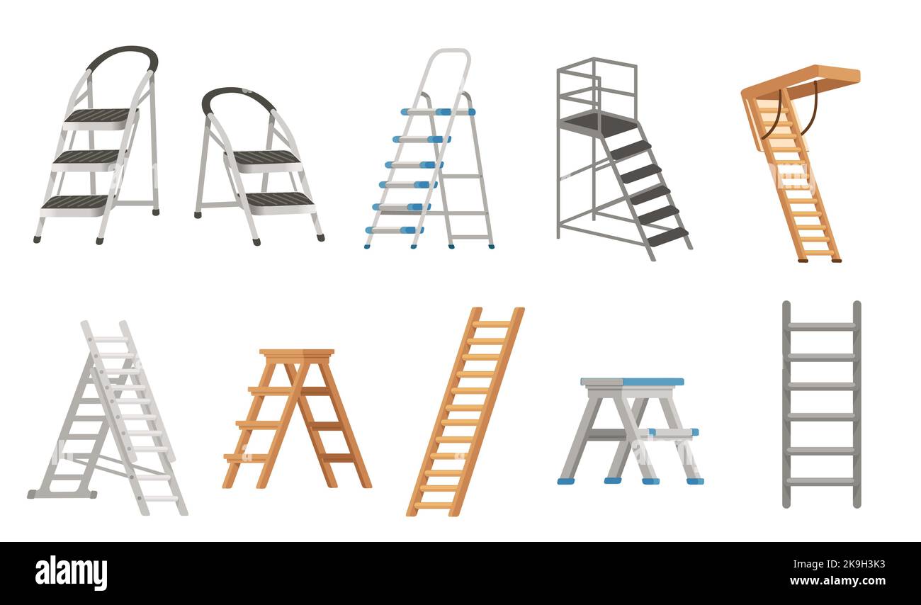 Set of steel and wooden folding portable ladder household equipment ...