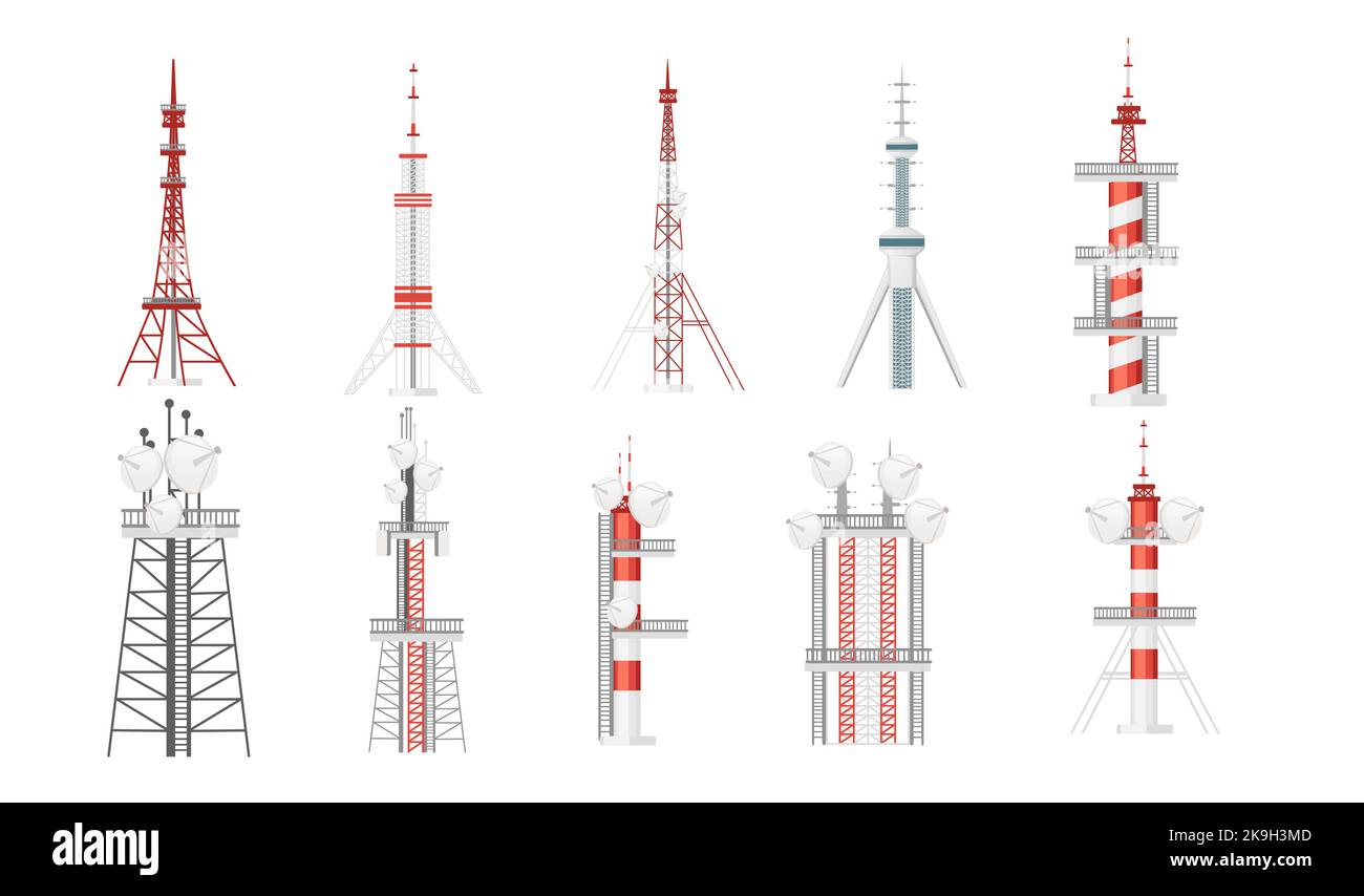 Set of Modern communication tower construction for tv radio network or gsm technology vector ...