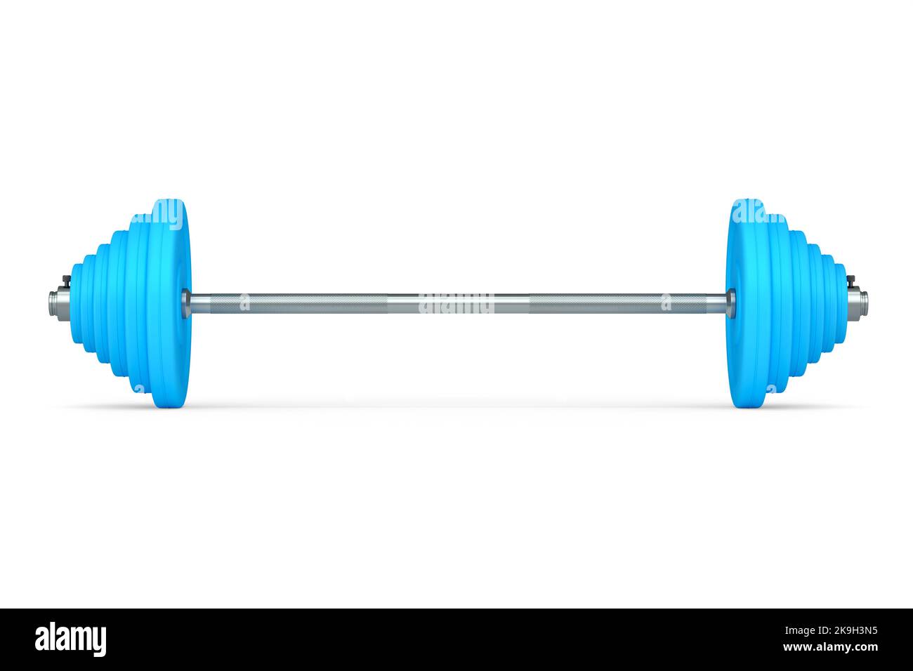 Abstract metal barbell with blue disks isolated on white background. 3d ...