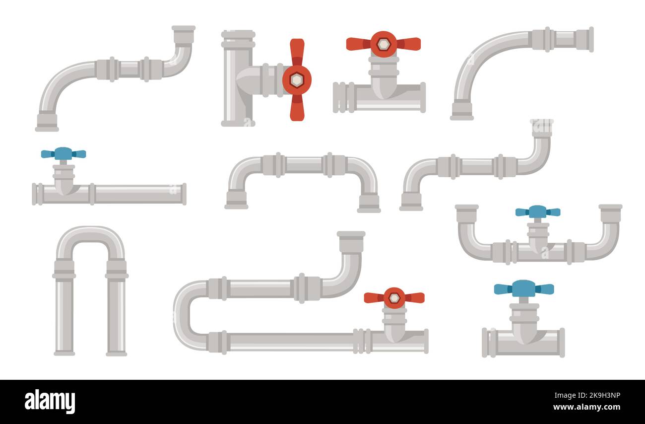 Set of metal pipeline for water flowing industrial construction with red valve vector ...