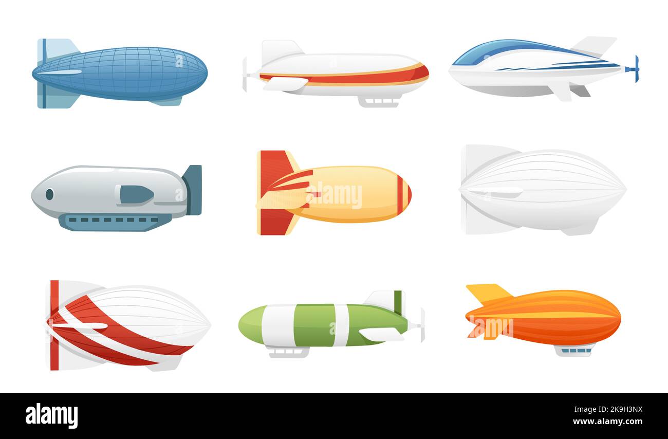 Set of commercial airship diffirent and shapes color rigid airship ...