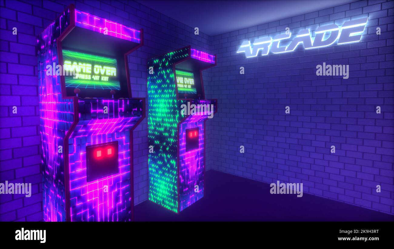 arcade machines in a game hall (3d rendering Stock Photo - Alamy