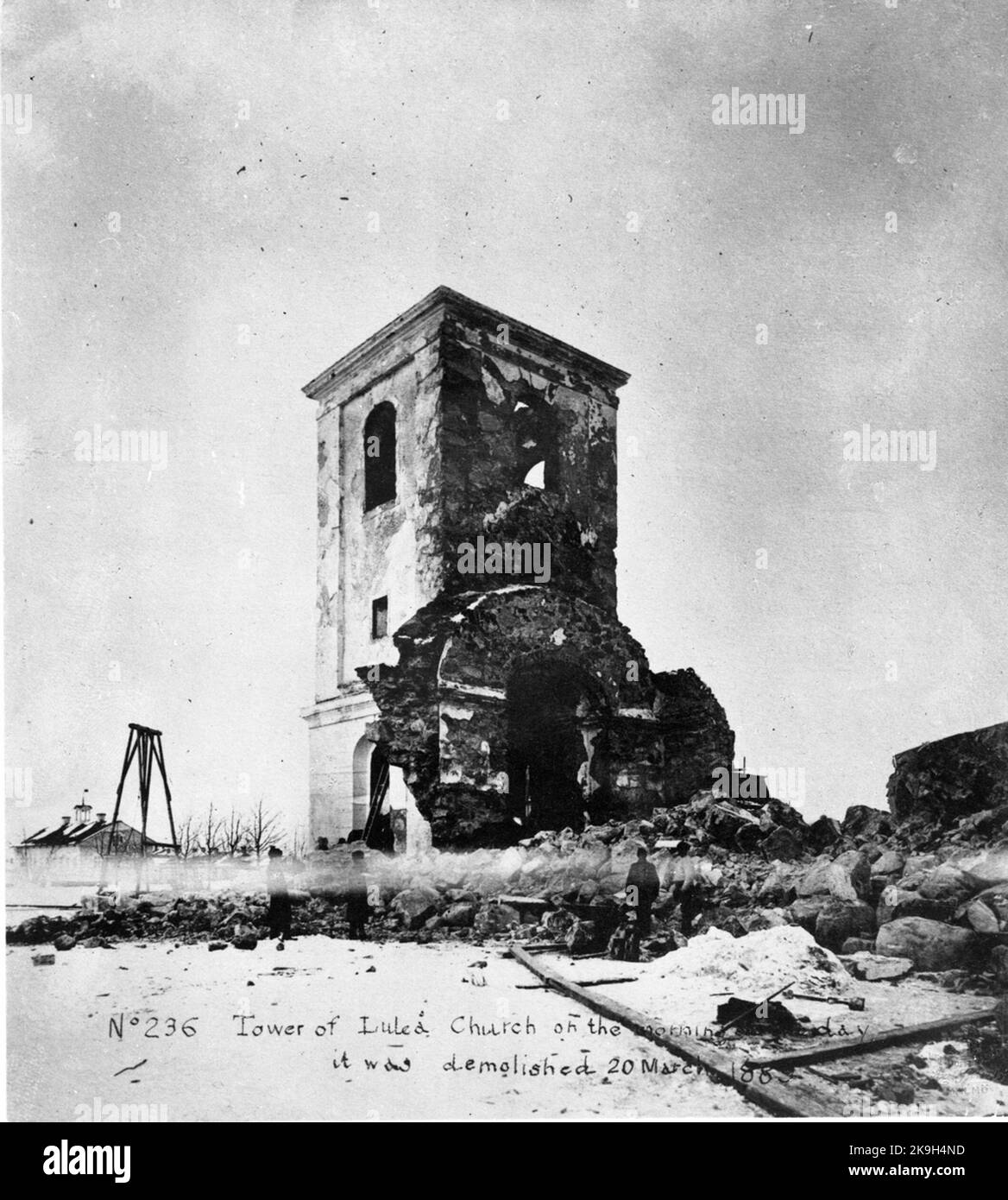Demolition of fire -damaged church tower. Damaged on fire in 1887 Stock ...