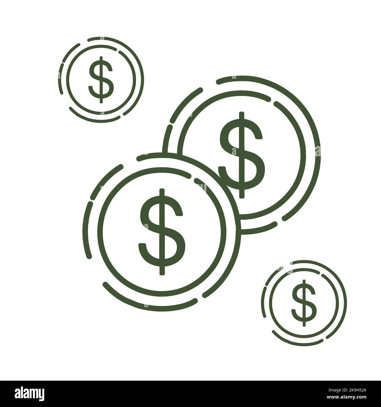 Golden coins with dollar symbol green outline design vector ...